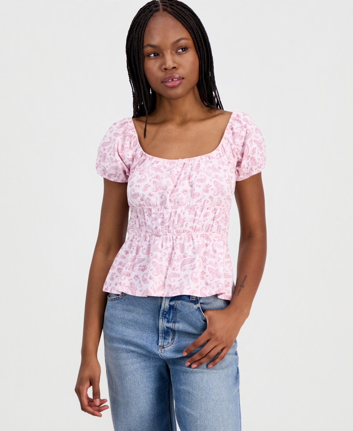 Click here for Hippie Rose Juniors Printed Puff-Sleeve Peplum Pea... prices