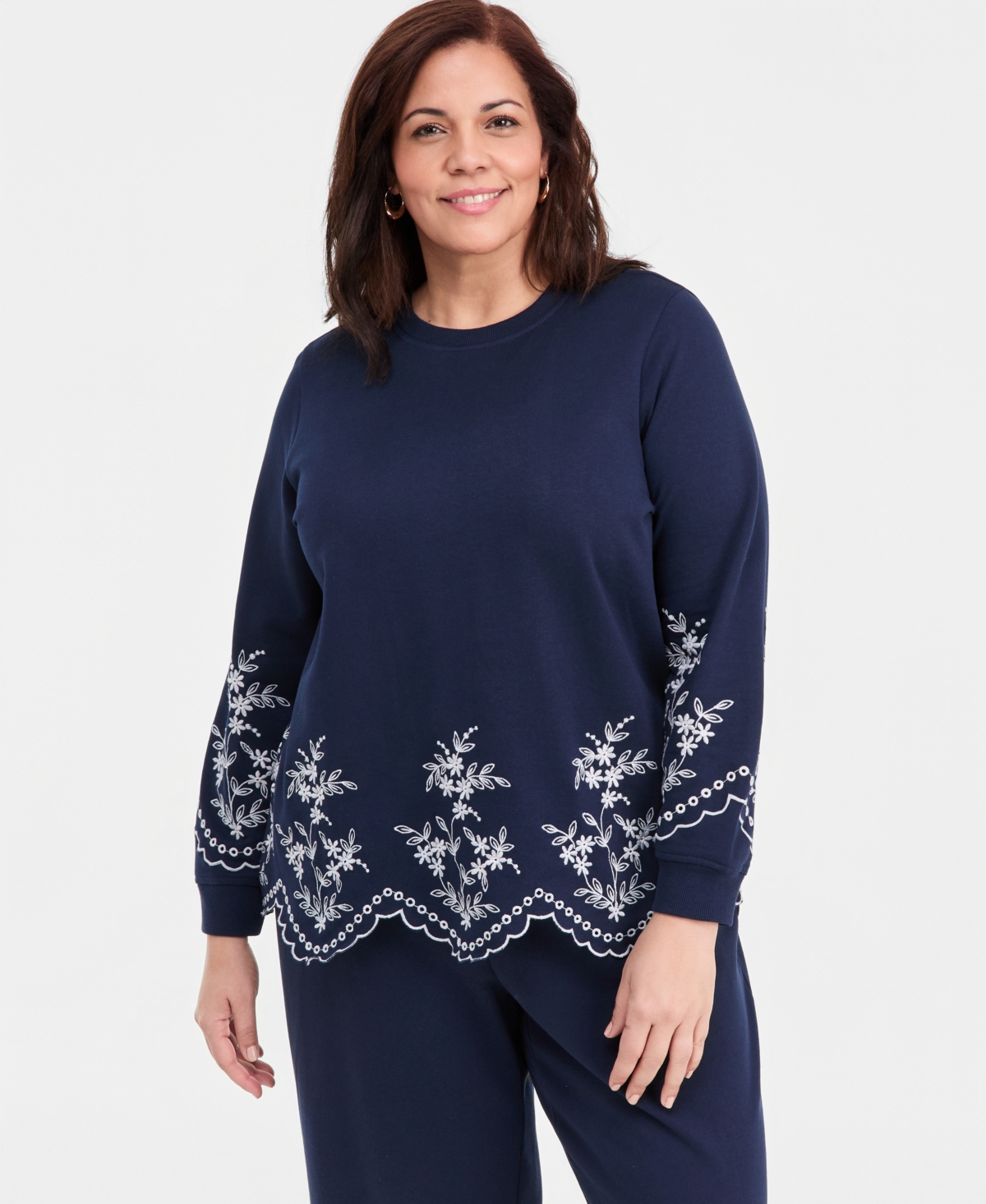 Click here for Style & Co Plus Size Long-Sleeve Scalloped Eyelet... prices