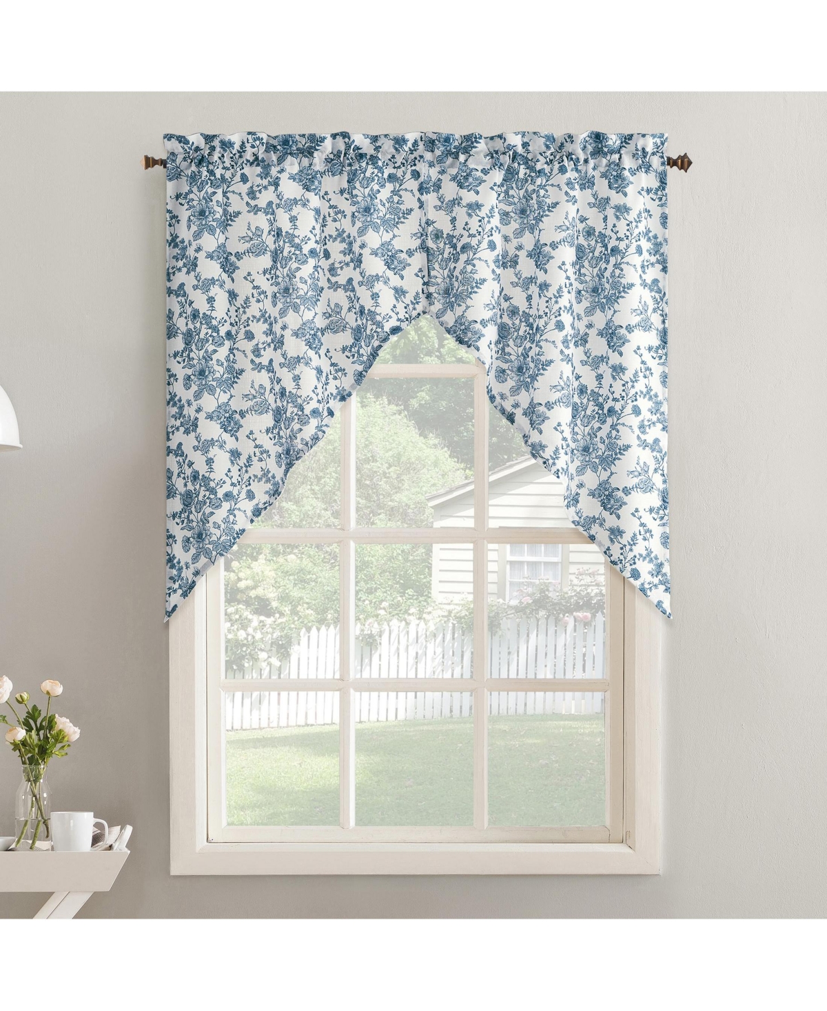 No. 918 Elodie Tonal Botanical Semi-Sheer Rod Pocket Kitchen Curtain Swag Pair - Indigo