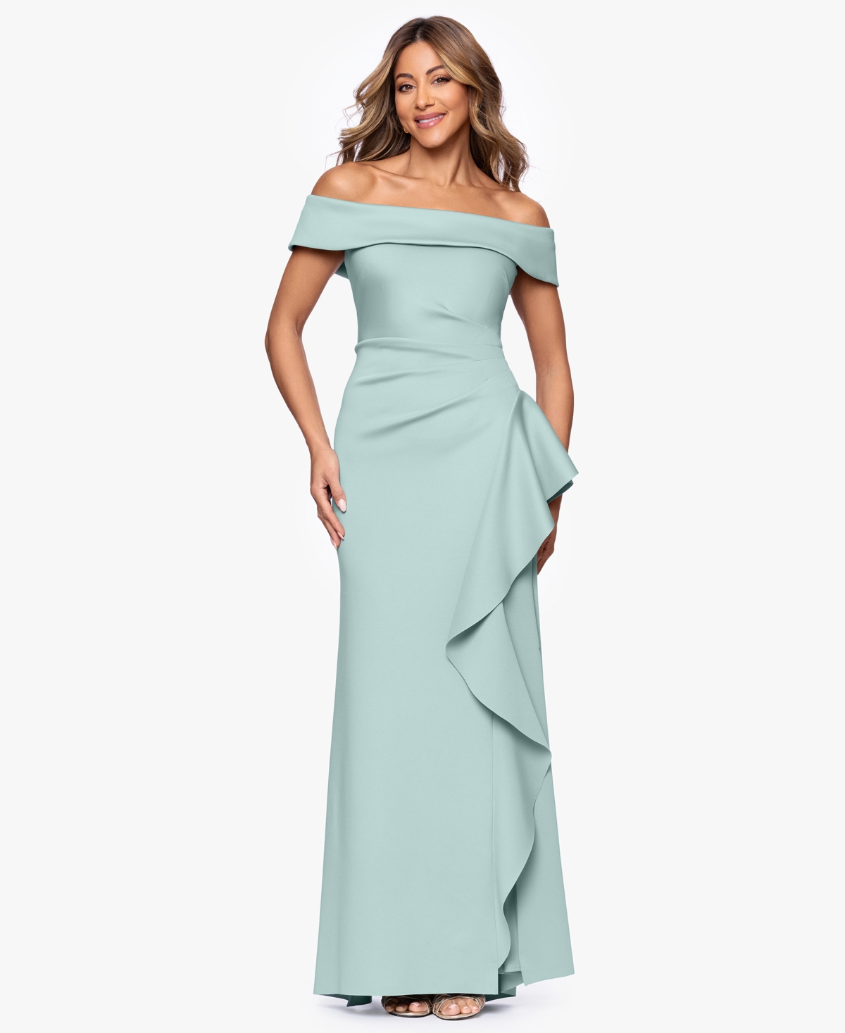 Click here for Xscape Womens Off-The-Shoulder Ruffled Side-Slit G... prices