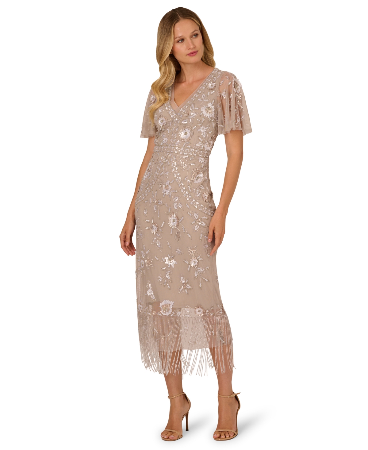 Click here for Adrianna Papell Womens Flutter-Sleeve Beaded Gown... prices