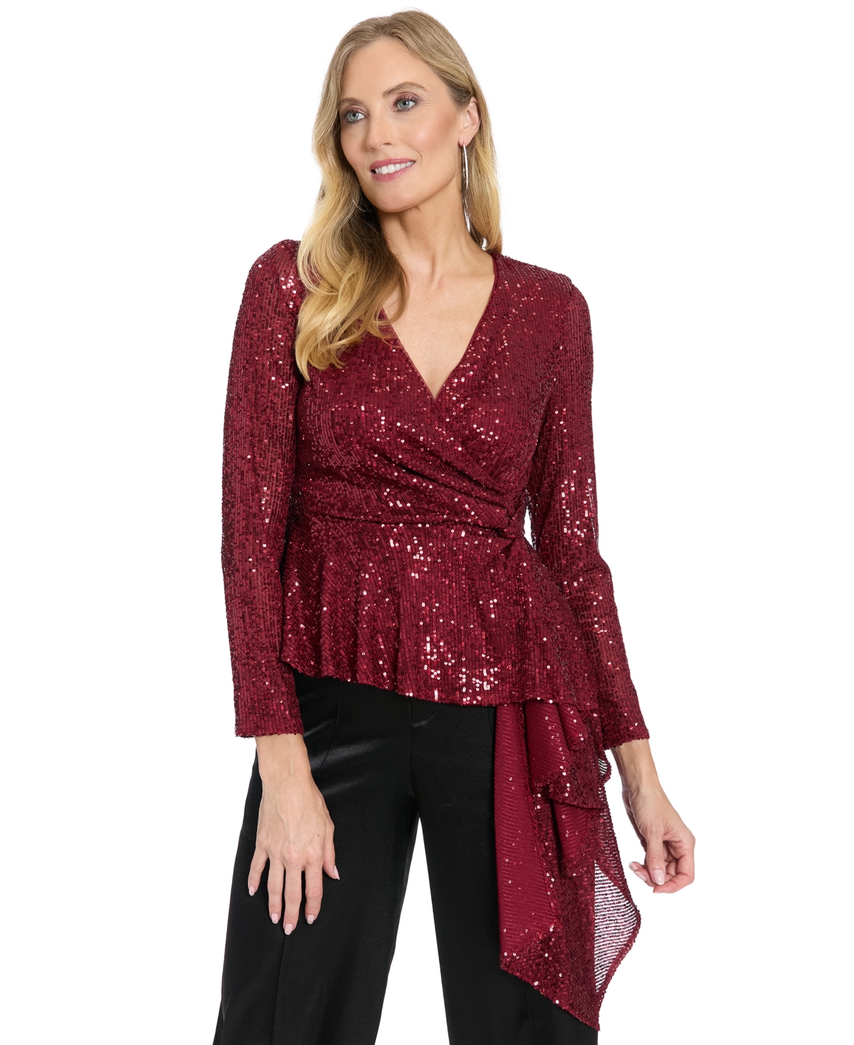 Click here for Muse Womens V-Neck Sequin Embellishment Top - Wine... prices