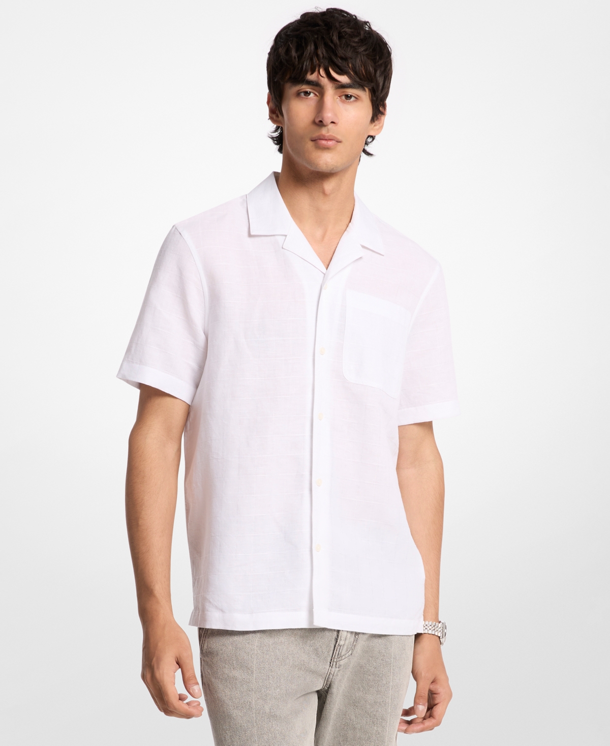Click here for Michael Kors Mens Dobby Camp Collar Shirt - White prices