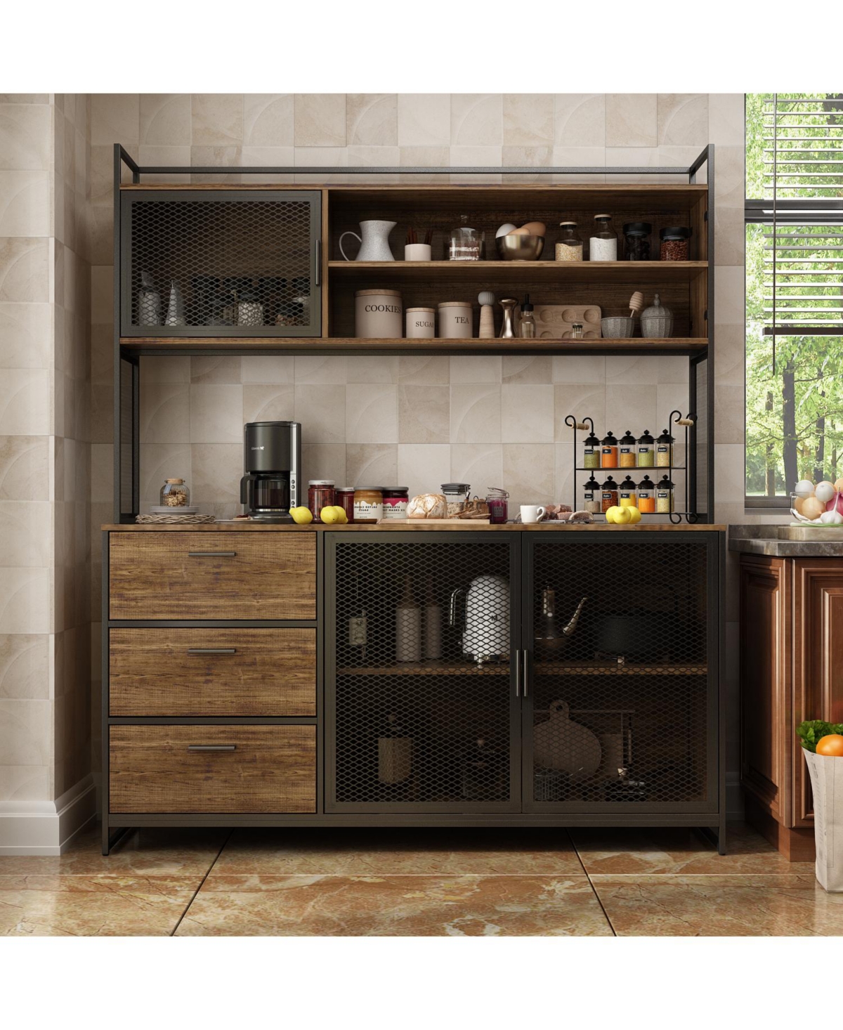 Homsee Brown Buffet Sideboard Cabinet with Metal Mesh Doors  3-Drawers - Brown buffet sideboard cabinet