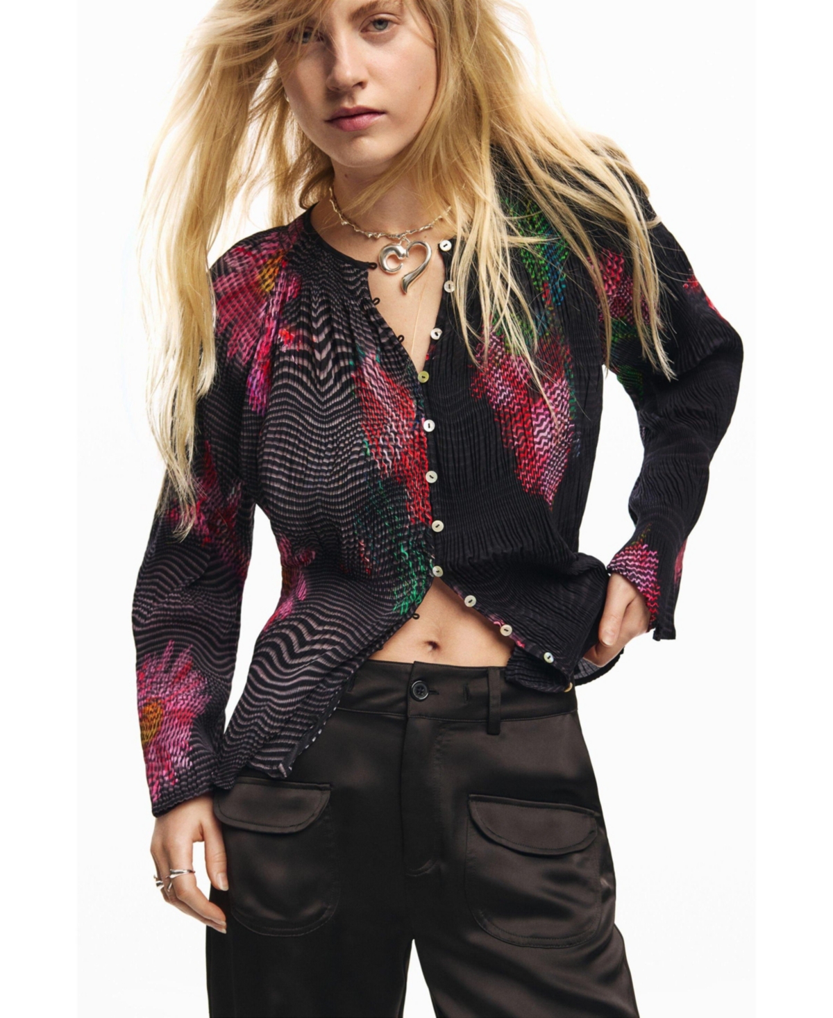 Click here for Desigual Womens Pixelated flower blouse - Black prices