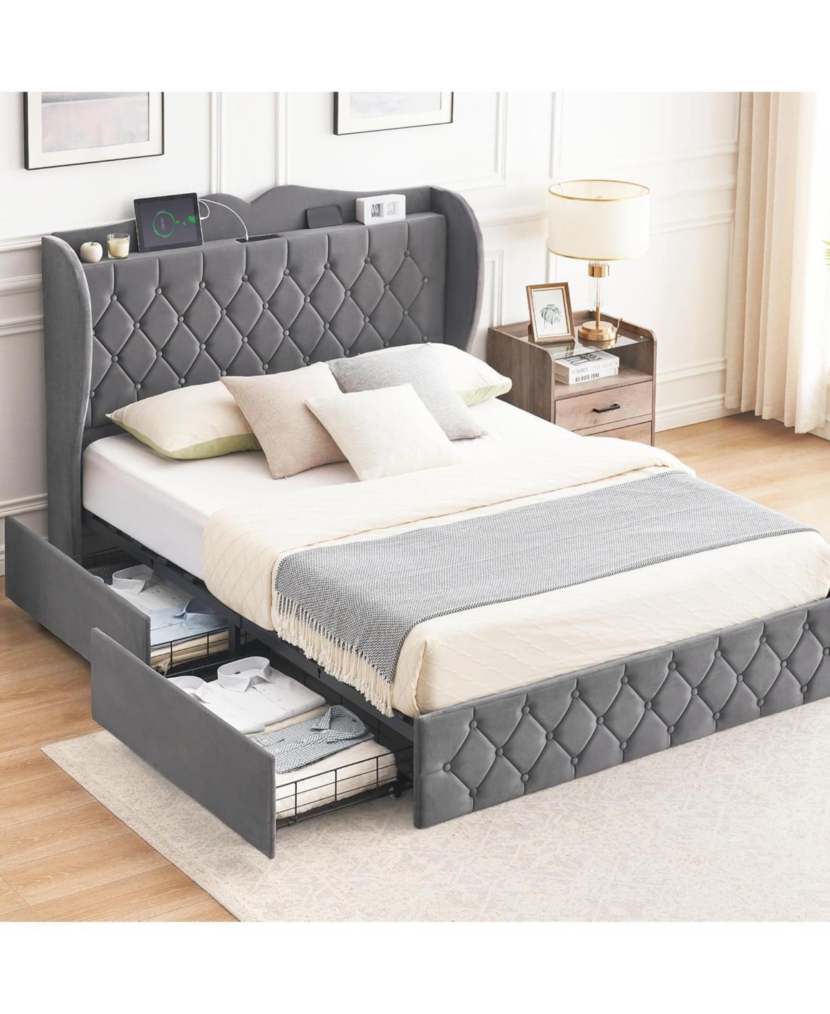 Click here for gaomon Velvet Upholstered Bed with Charging Ports... prices
