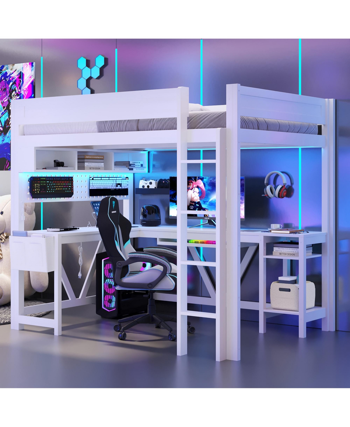 Click here for Flynama White Wood Full Size Gaming Loft Bed Built... prices