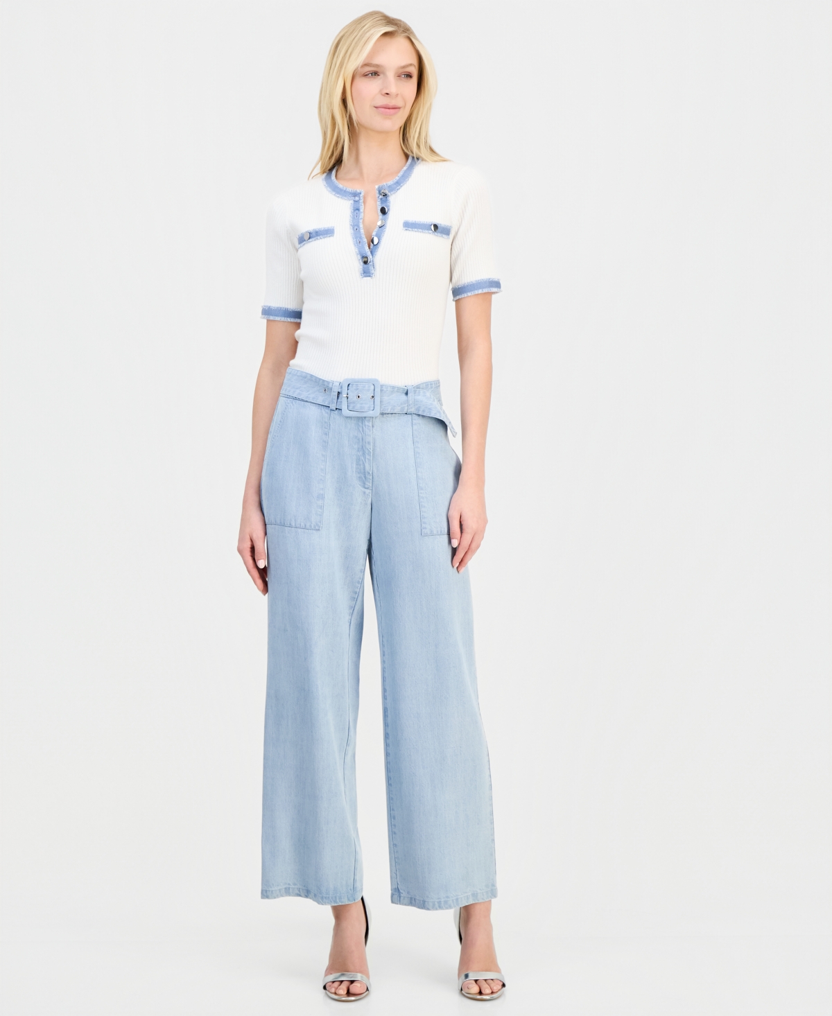 Click here for T Tahari Womens Belted Wide-Leg Pants - Light Wash prices