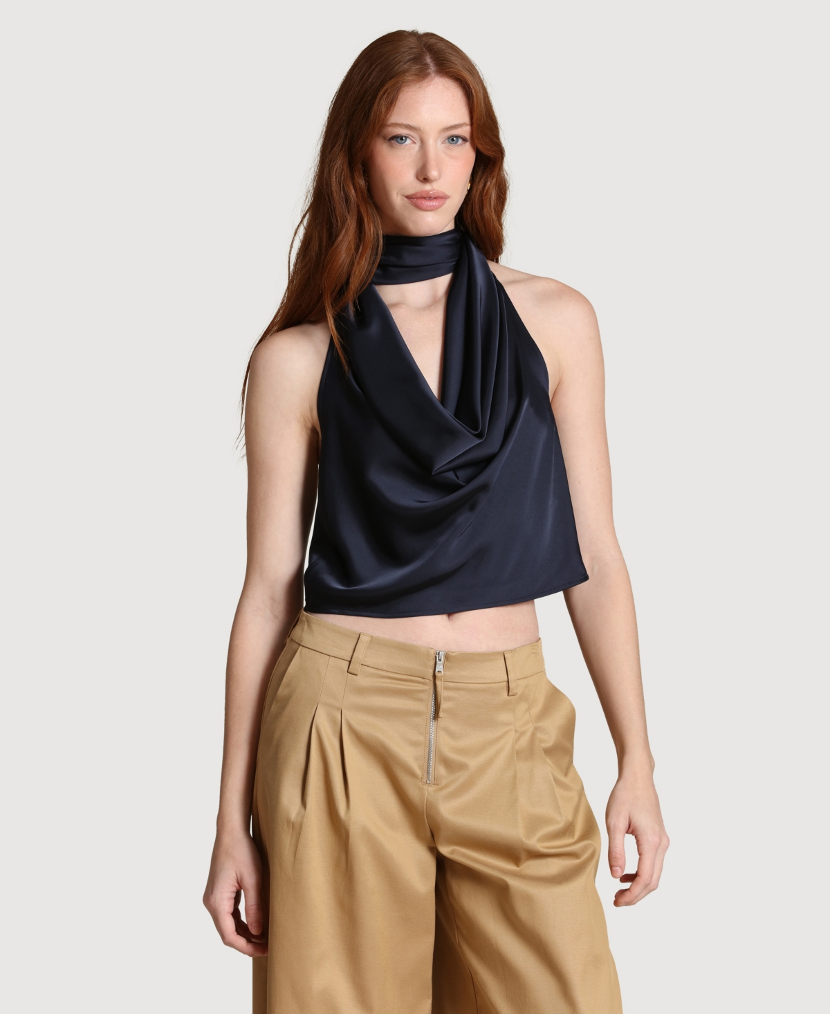 Click here for Avec Les Filles Womens Long Tie Halter Top - Navy prices