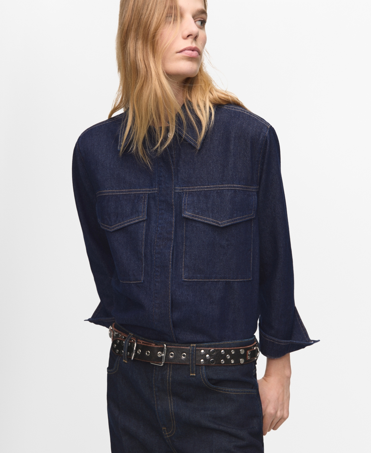 Click here for Mango Womens Flap Pockets Denim Shirt - Dark Blue prices