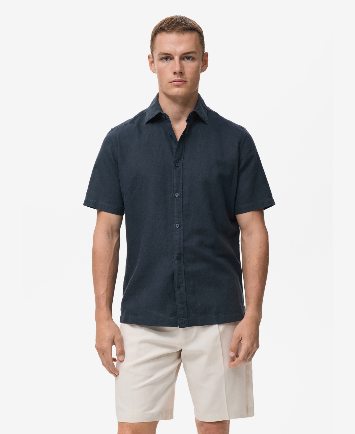 Click here for Mango Mens Short Sleeve Linen-Blend Shirt - Navy prices
