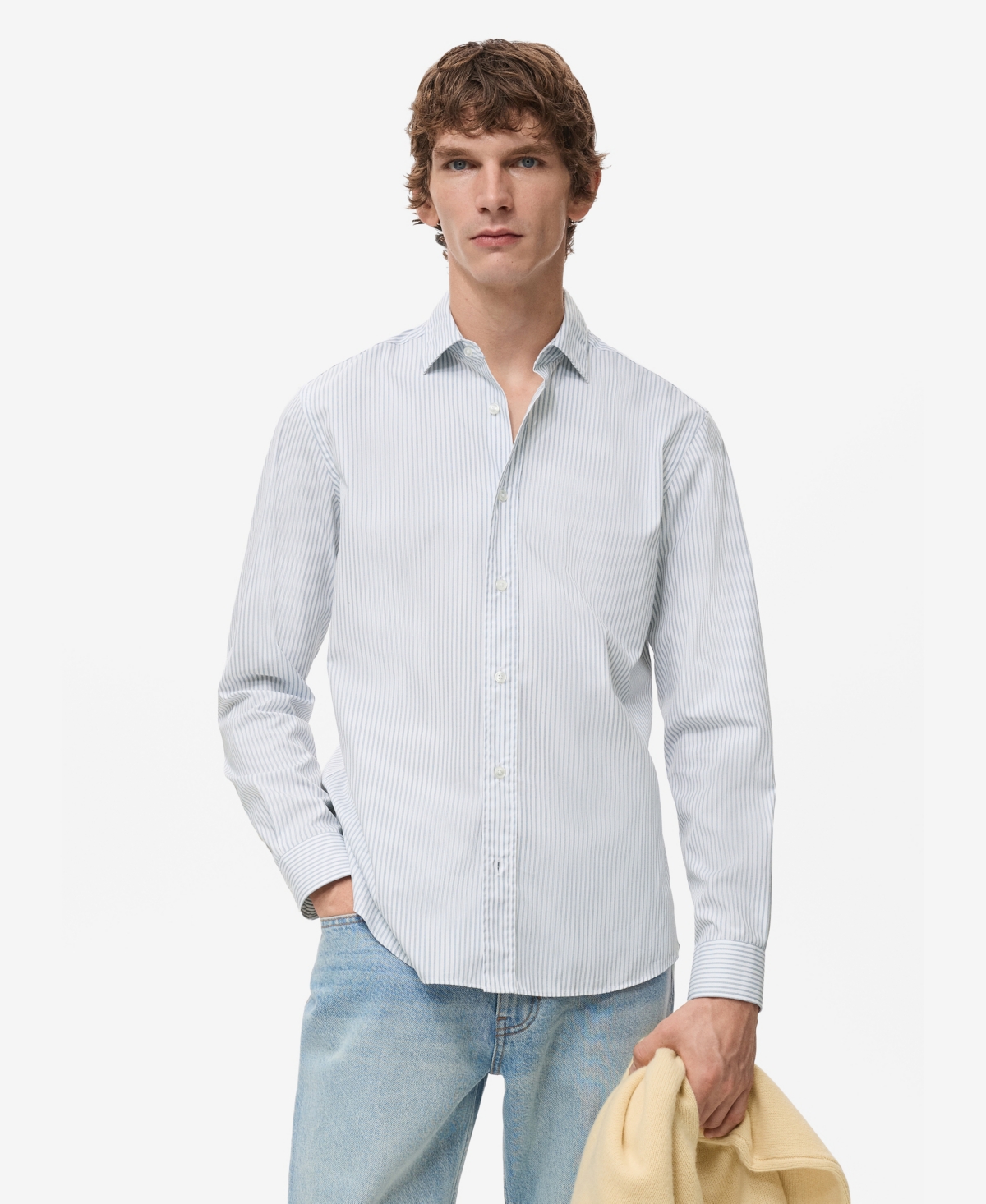 Click here for Mango Mens Regular Fit Striped Cotton Shirt - Sky... prices