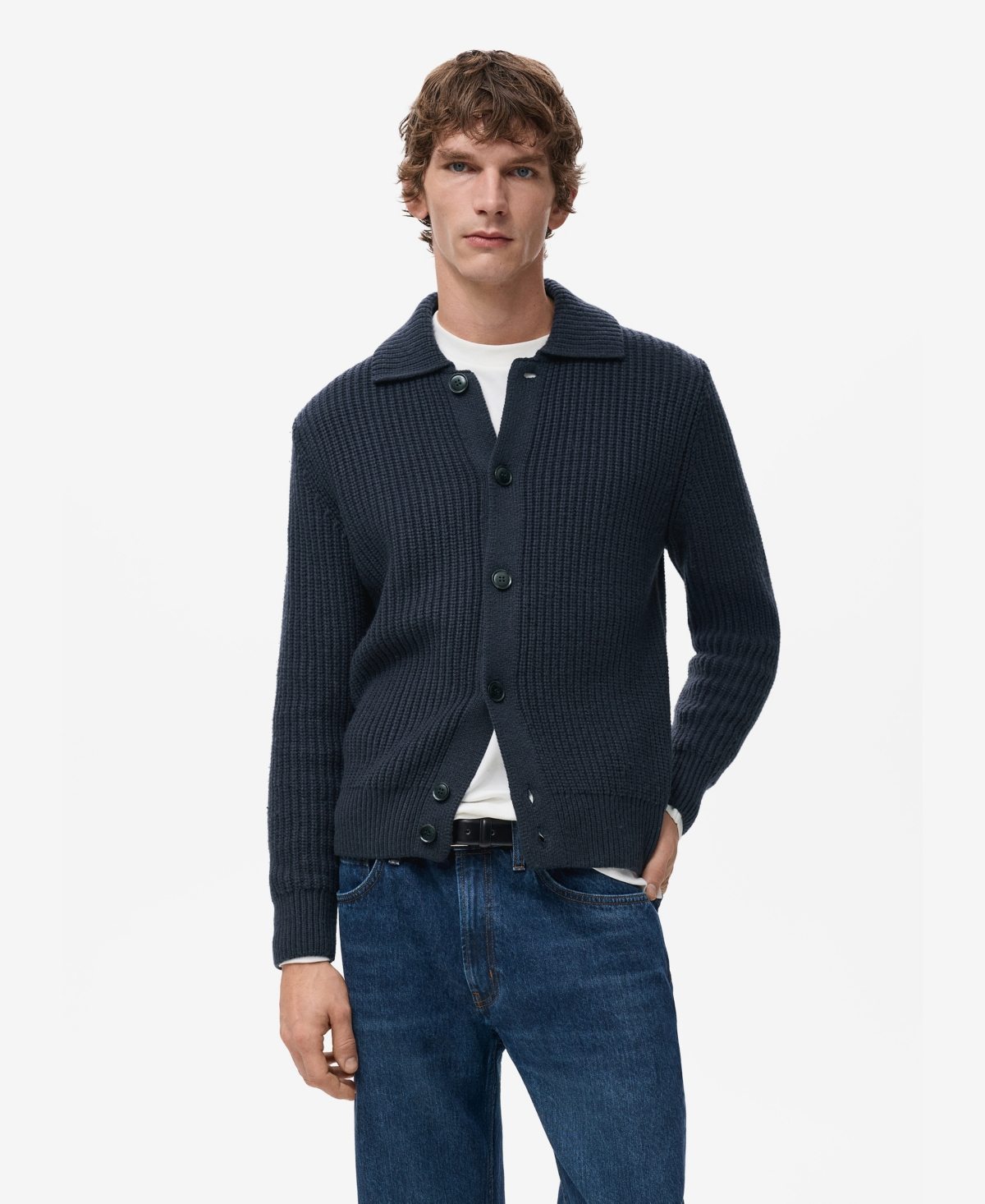 Click here for Mango Mens Structured Wool-Blend Cardigan - Navy prices