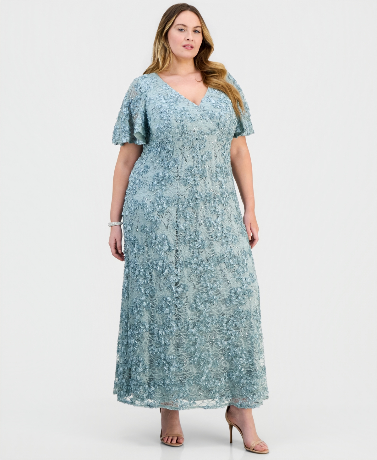 Click here for Alex Evenings Plus Size Lace V-Neck Flutter-Sleeve... prices