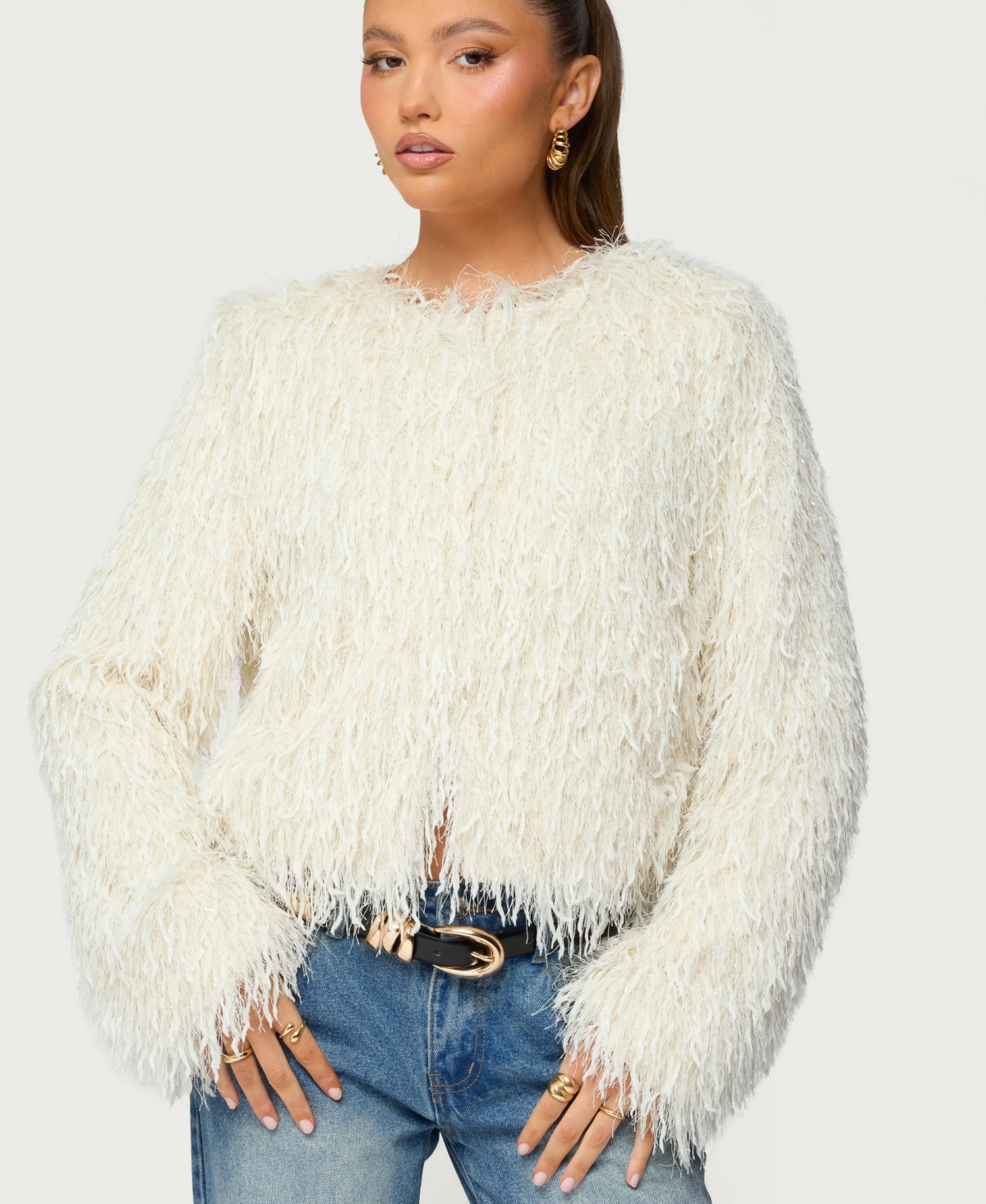 Click here for Edikted Womens Aleandra Fringed Faux Feather Jacke... prices