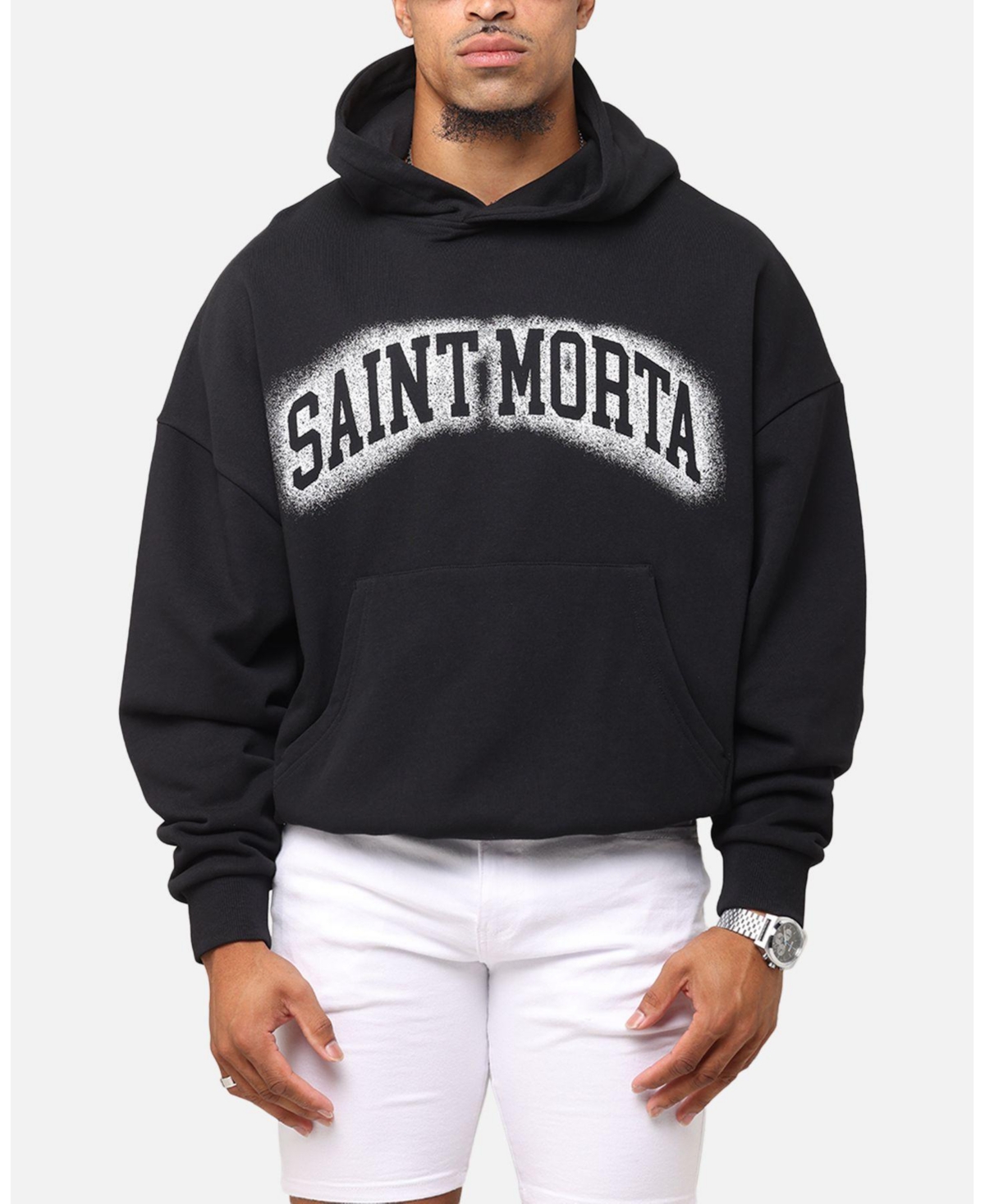 Click here for Saint Morta Mens Spray Logo Boxy Hoodie Black prices