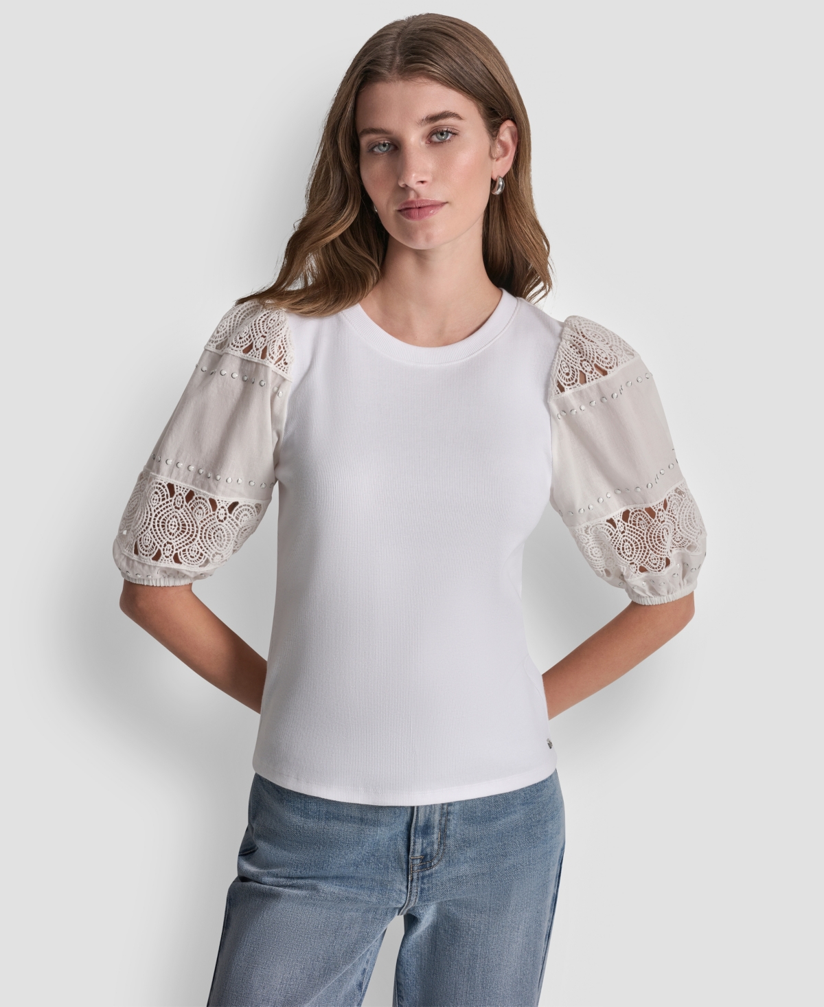 Click here for Dkny Jeans Petite Crewneck Lace Eyelet Top - White prices