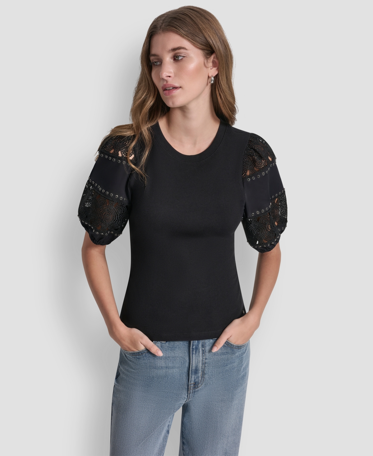 Click here for Dkny Jeans Petite Crewneck Lace Eyelet Top - Black prices