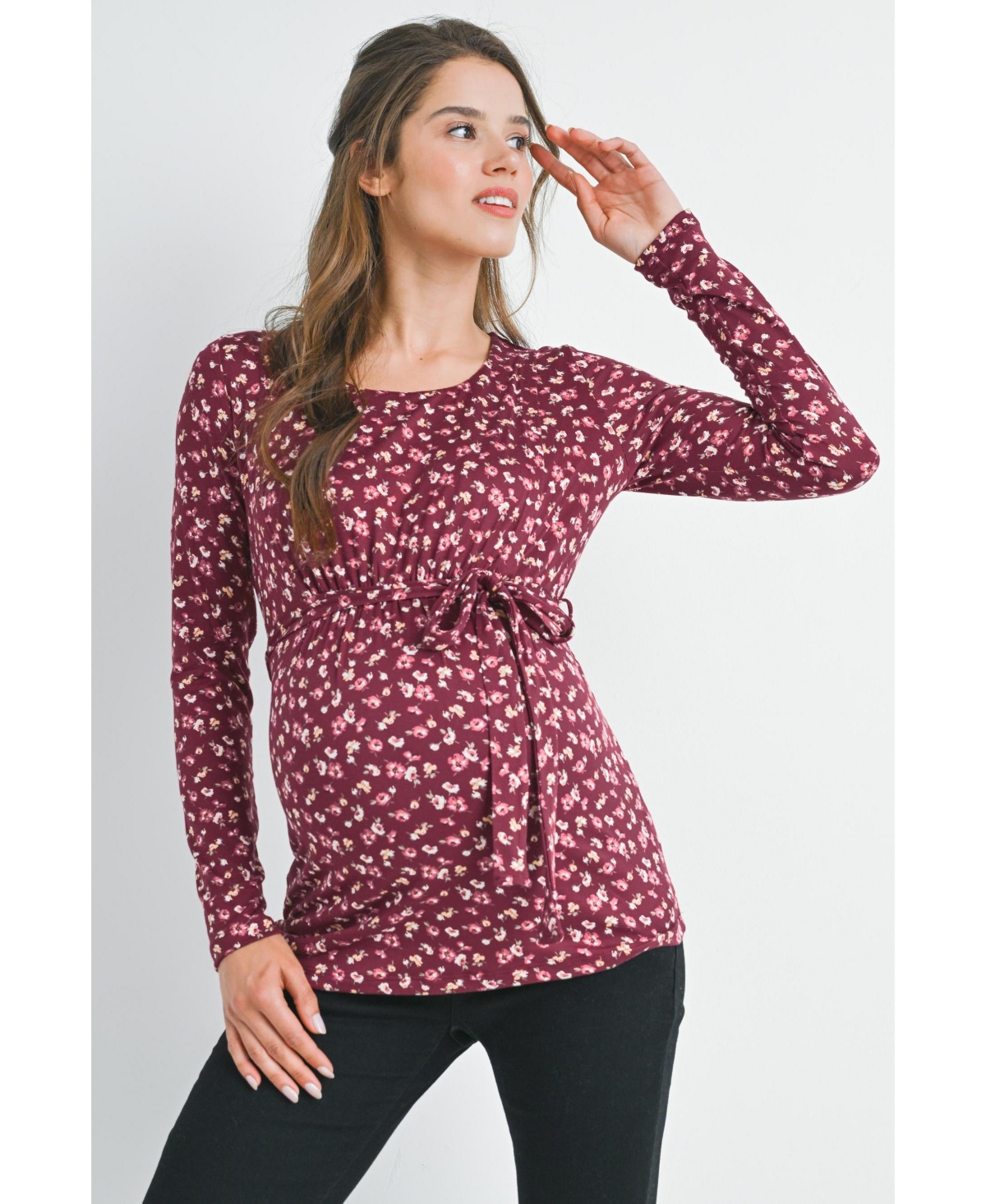 Click here for Hello Miz Maternity Long Sleeve Floral Tie Waist T... prices