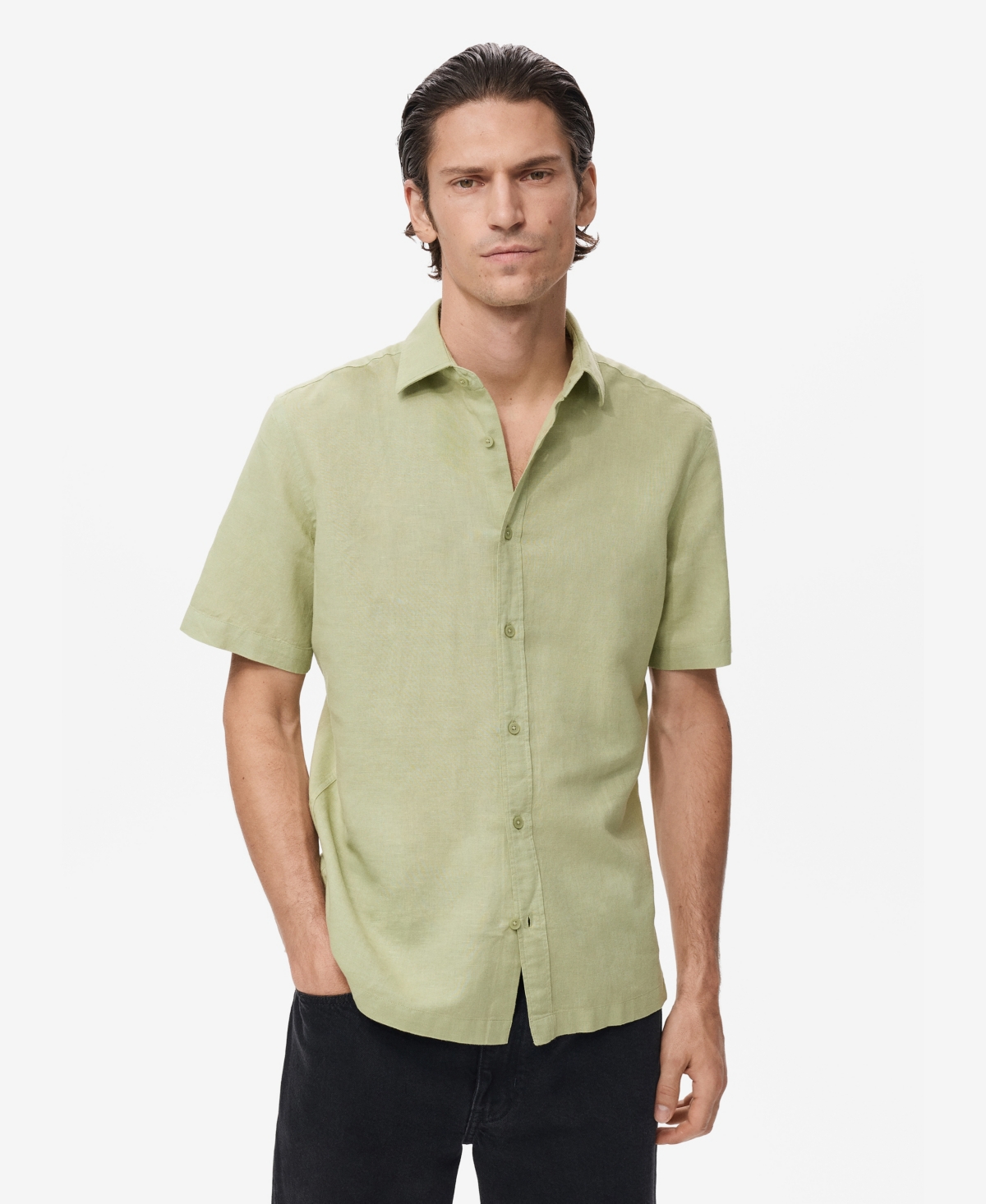 Click here for Mango Mens Short Sleeve Linen-Blend Shirt - Green... prices