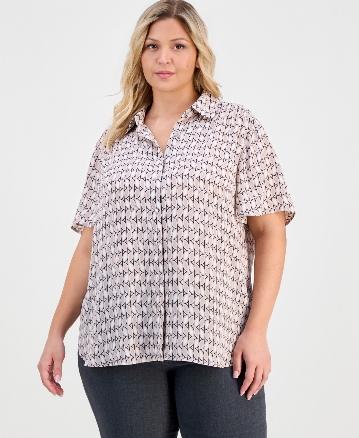 Click here for Anne Klein Plus Size Printed Short-Sleeve Button-F... prices