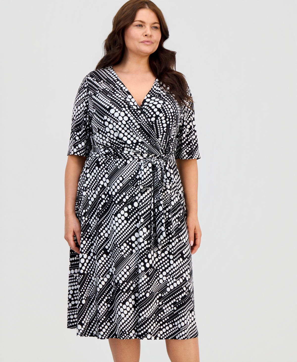 Click here for Kasper Plus Size Printed Knit Faux-Wrap Belted Dre... prices