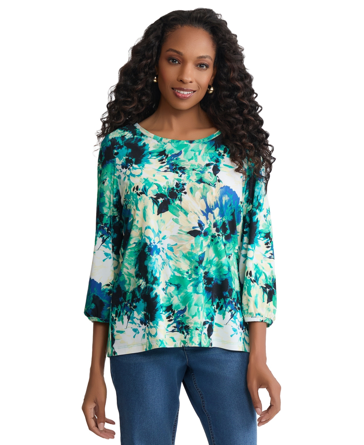 Click here for Jones New York Womens Crewneck Puff Cuff Printed T... prices