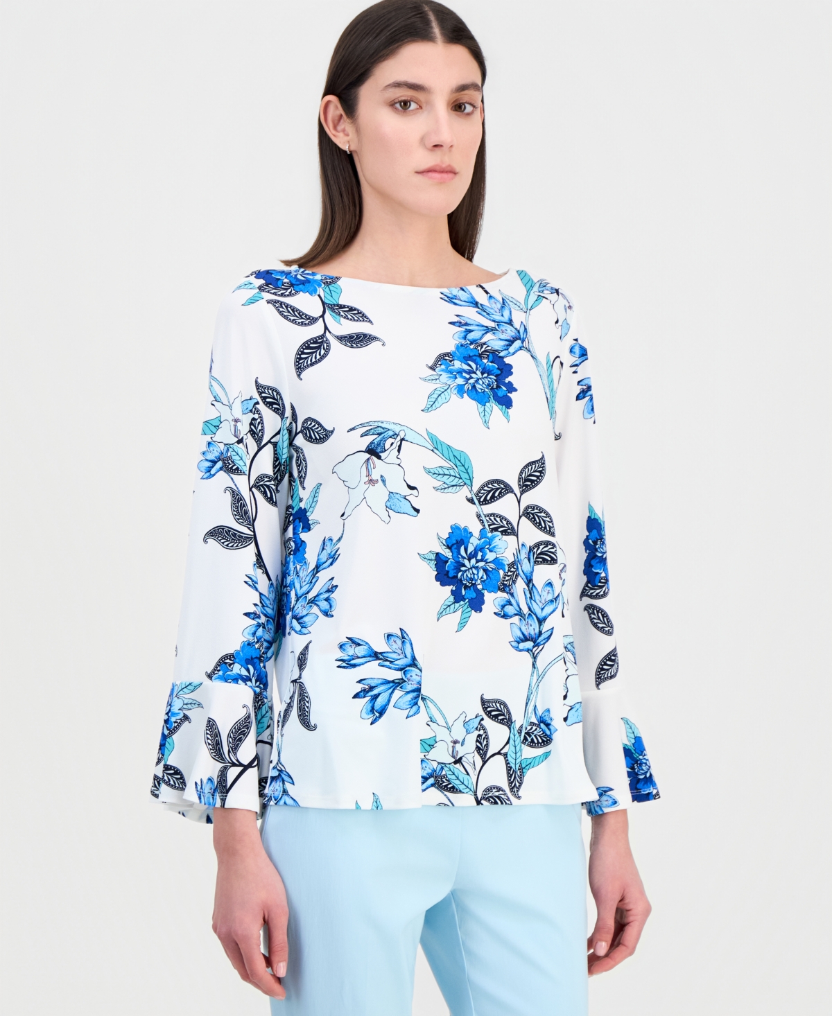 Click here for Jm Collection Womens Printed Boat-Neck Bell-Sleeve... prices