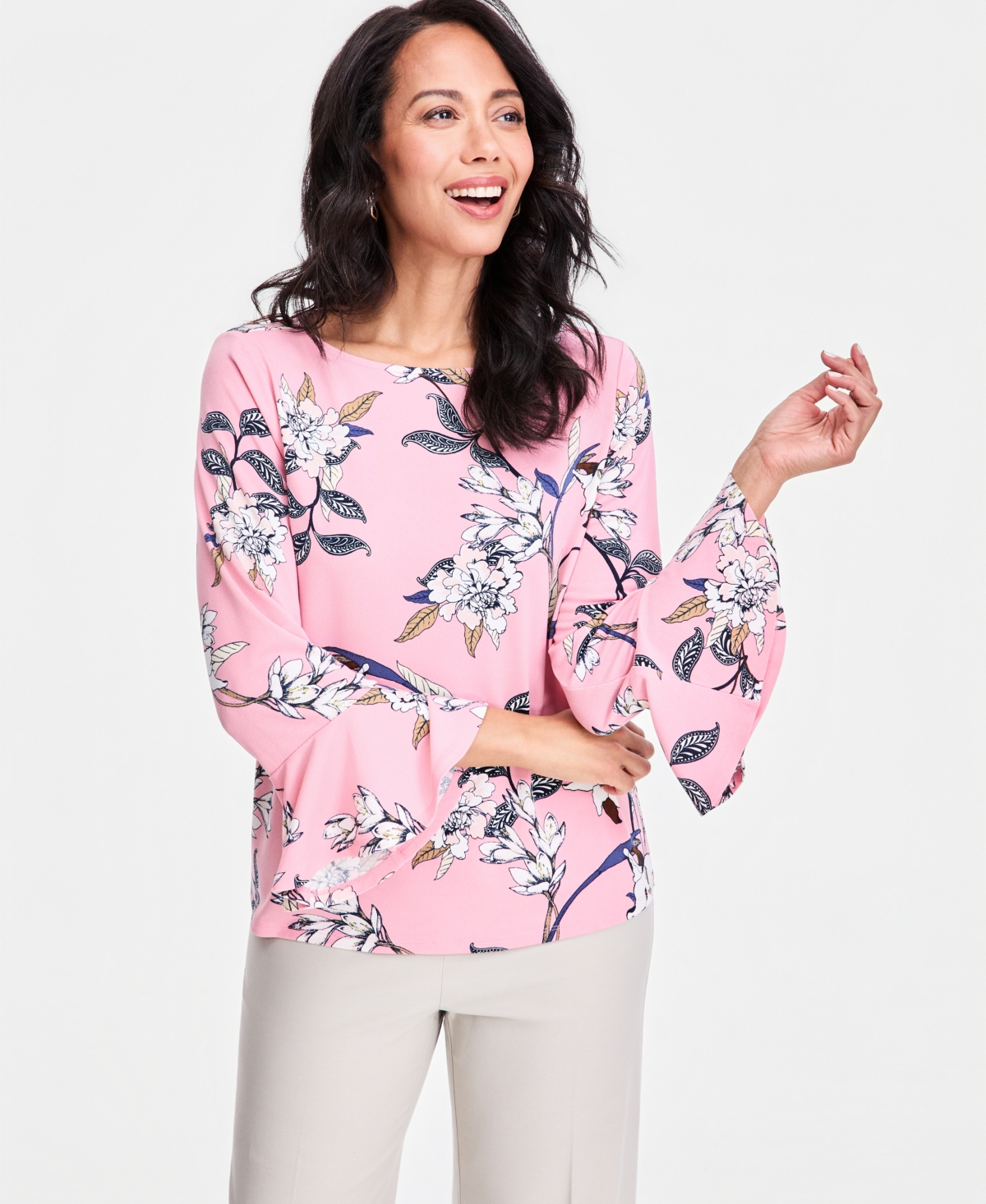 Click here for Jm Collection Womens Printed Boat-Neck Bell-Sleeve... prices