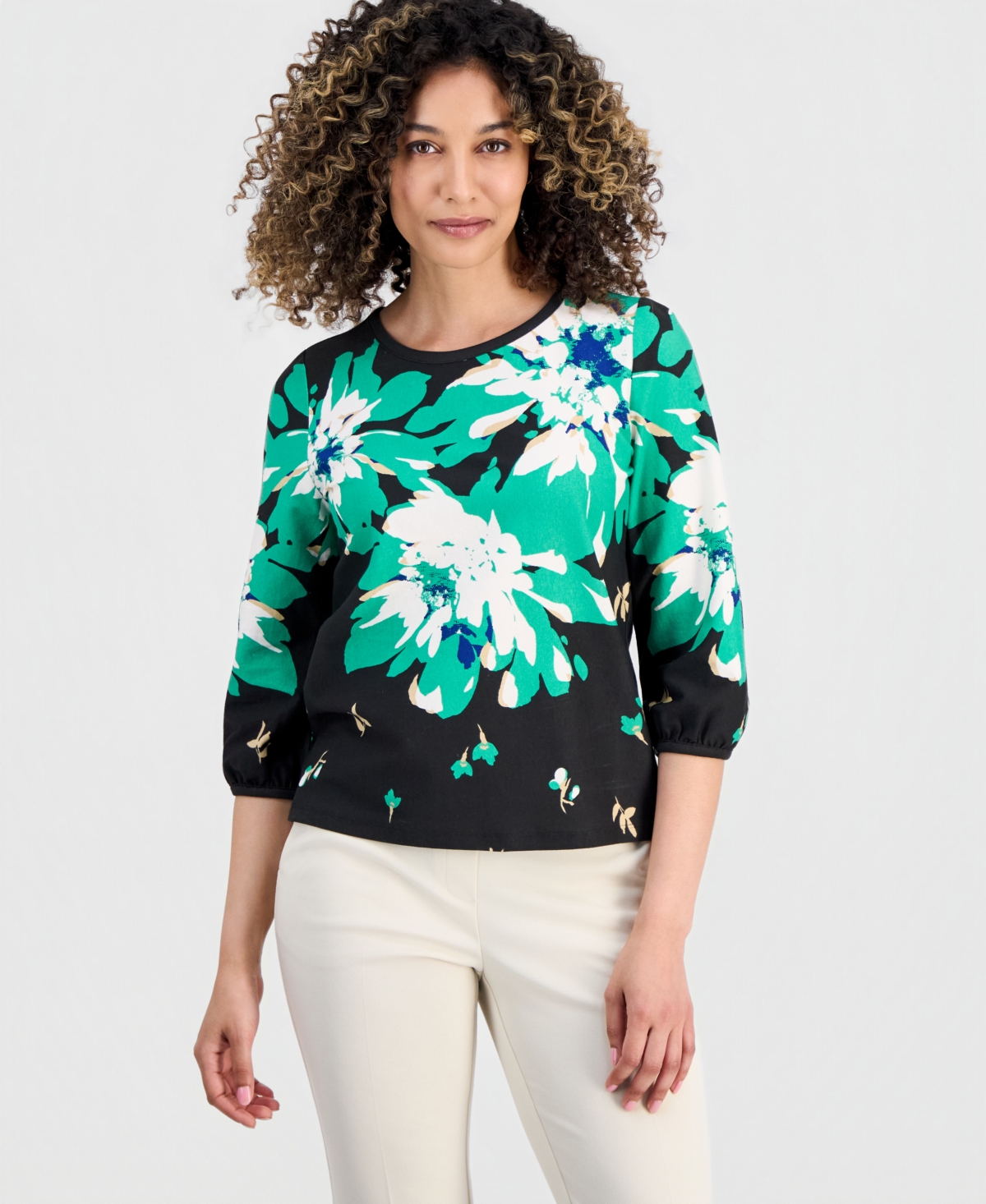 Click here for Jones New York Petite Printed Puffed 3/4-Sleeve To... prices