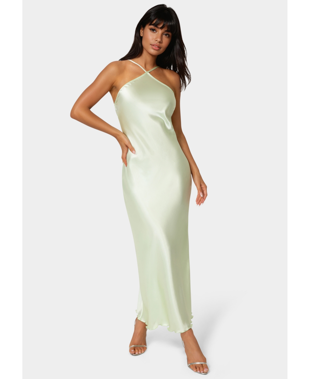 Click here for Bebe Womens Halter Neck Satin Gown - Heather sage prices