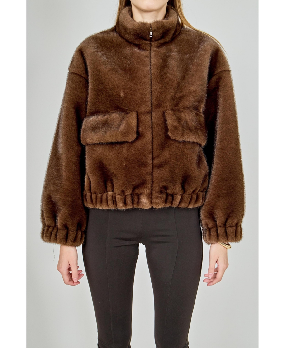 Click here for endless rose Womens Faux Fur Bomber Jacket - Brown prices