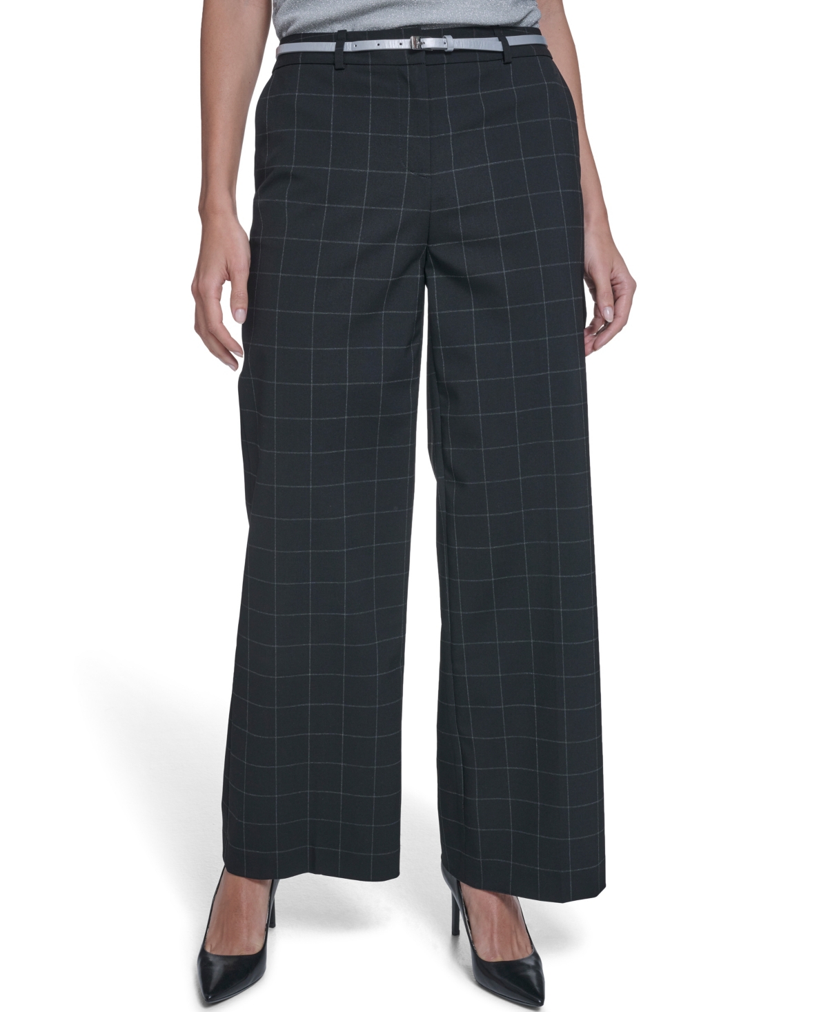 Click here for Calvin Klein Womens Windowpane Wide-Leg Pants - Bl... prices