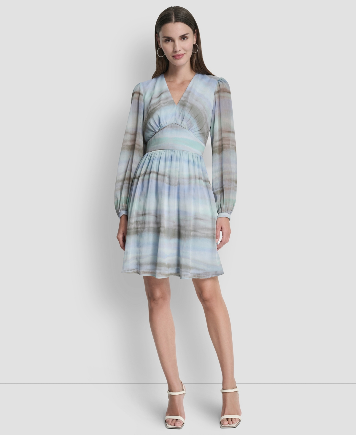 Click here for Dkny Womens V-Neck Smocked Waist Fit and Flare Dre... prices