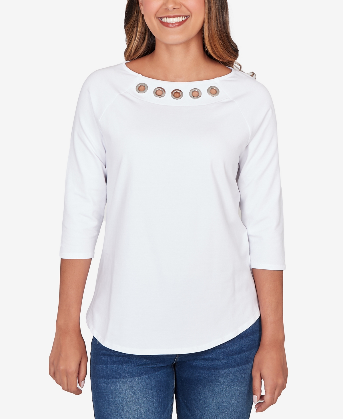 Click here for Ruby Rd. Petite Grommet Neck Solid Knit Top - Whit... prices