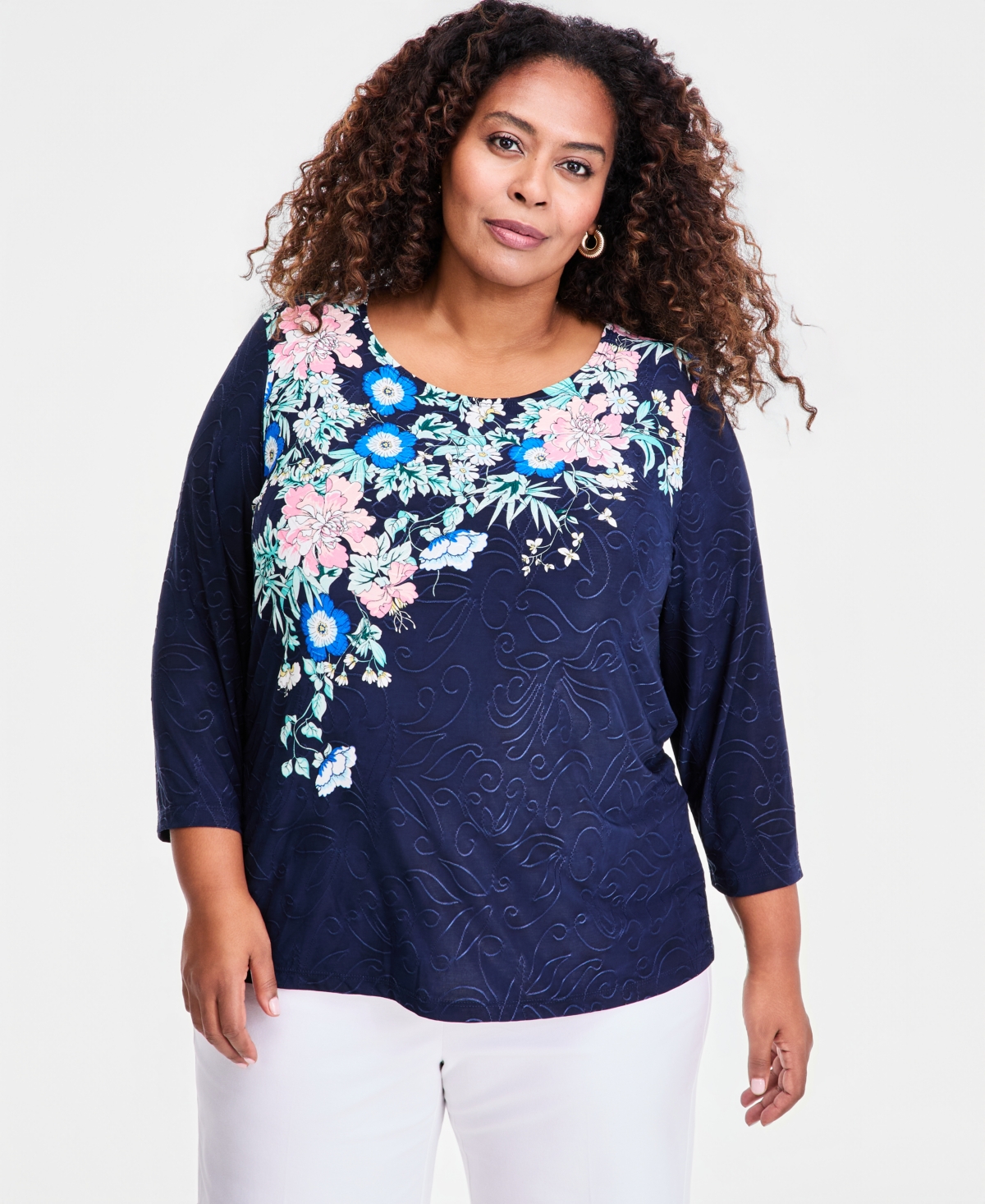 Click here for Jm Collection Plus Size Printed Jacquard 3/4-Sleev... prices