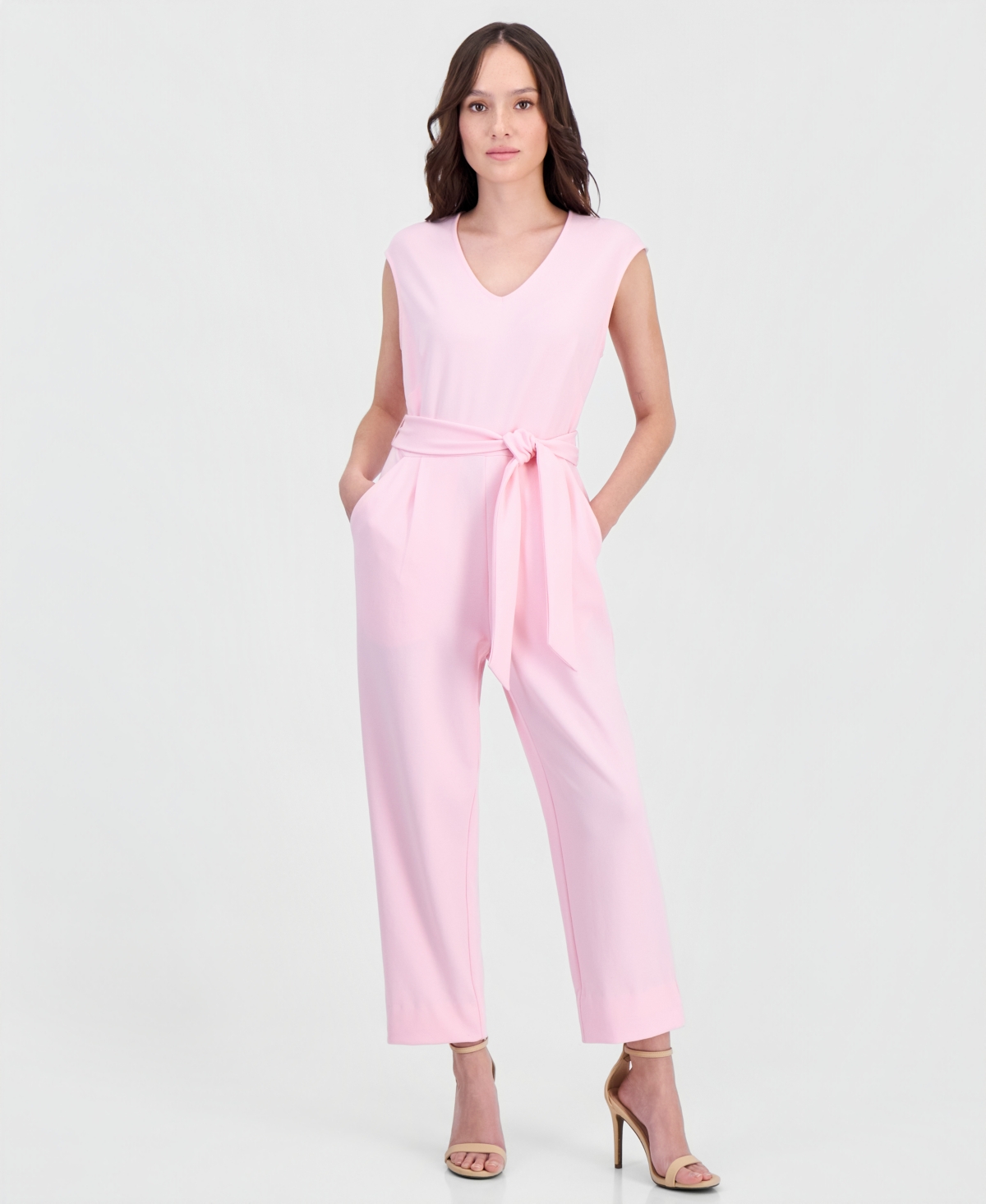 Anne Klein Essentials Petite Belted V-Neck Jumpsuit - Peony Pink