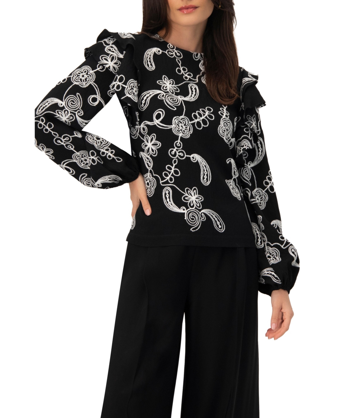 Click here for Ivonne Womens Blouse with White Embroidery and Ruf... prices