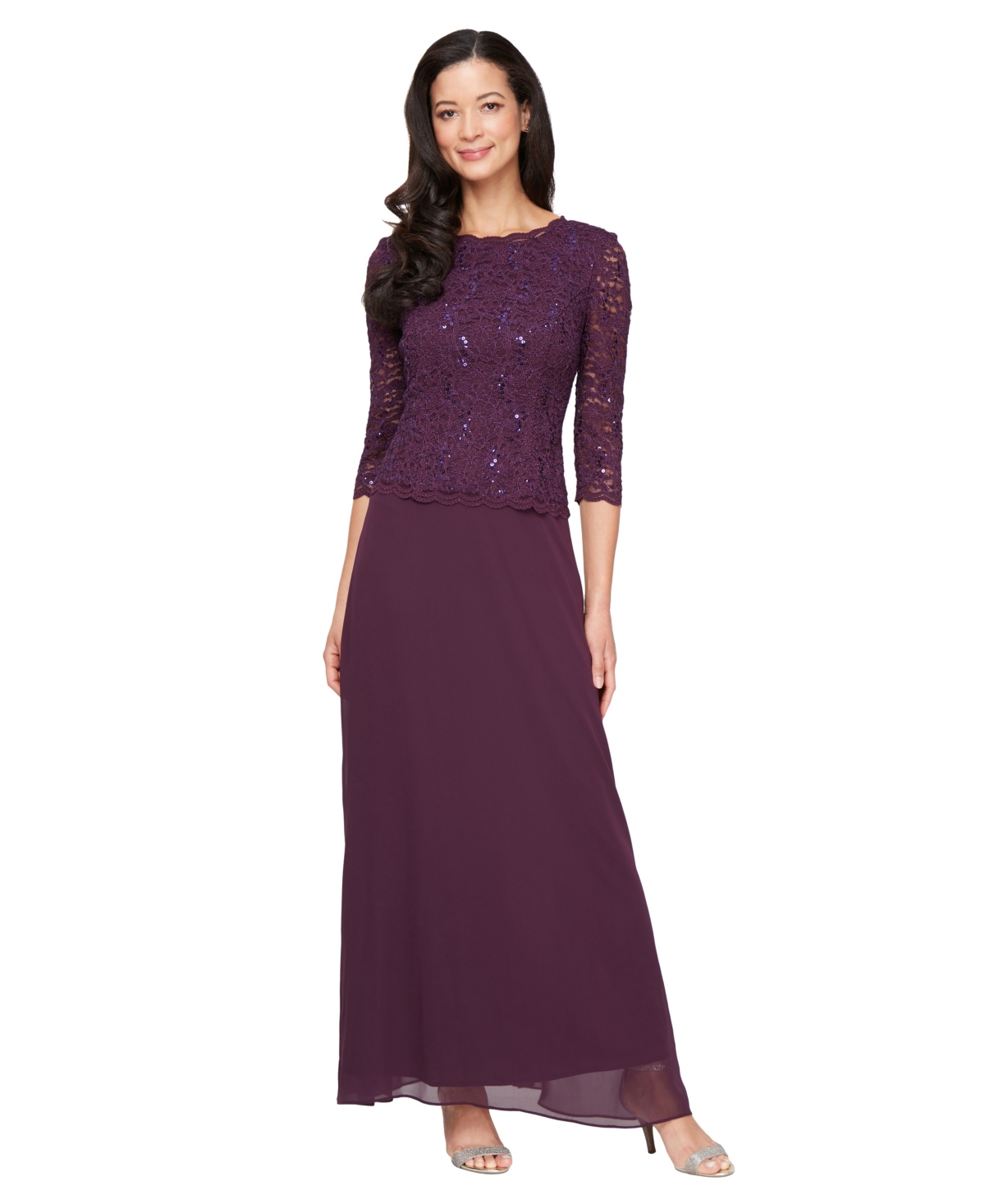 Click here for Alex Evenings Petite Sequin Lace Gown - Deep Plum prices