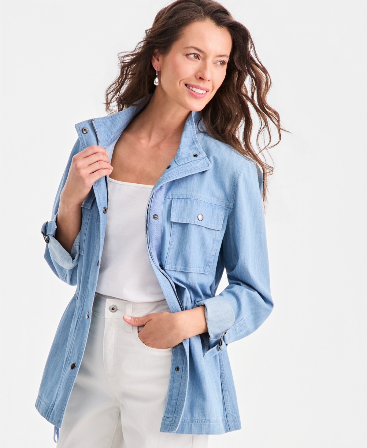 Click here for Style & Co Womens Cotton Chambray Utility Jacket... prices