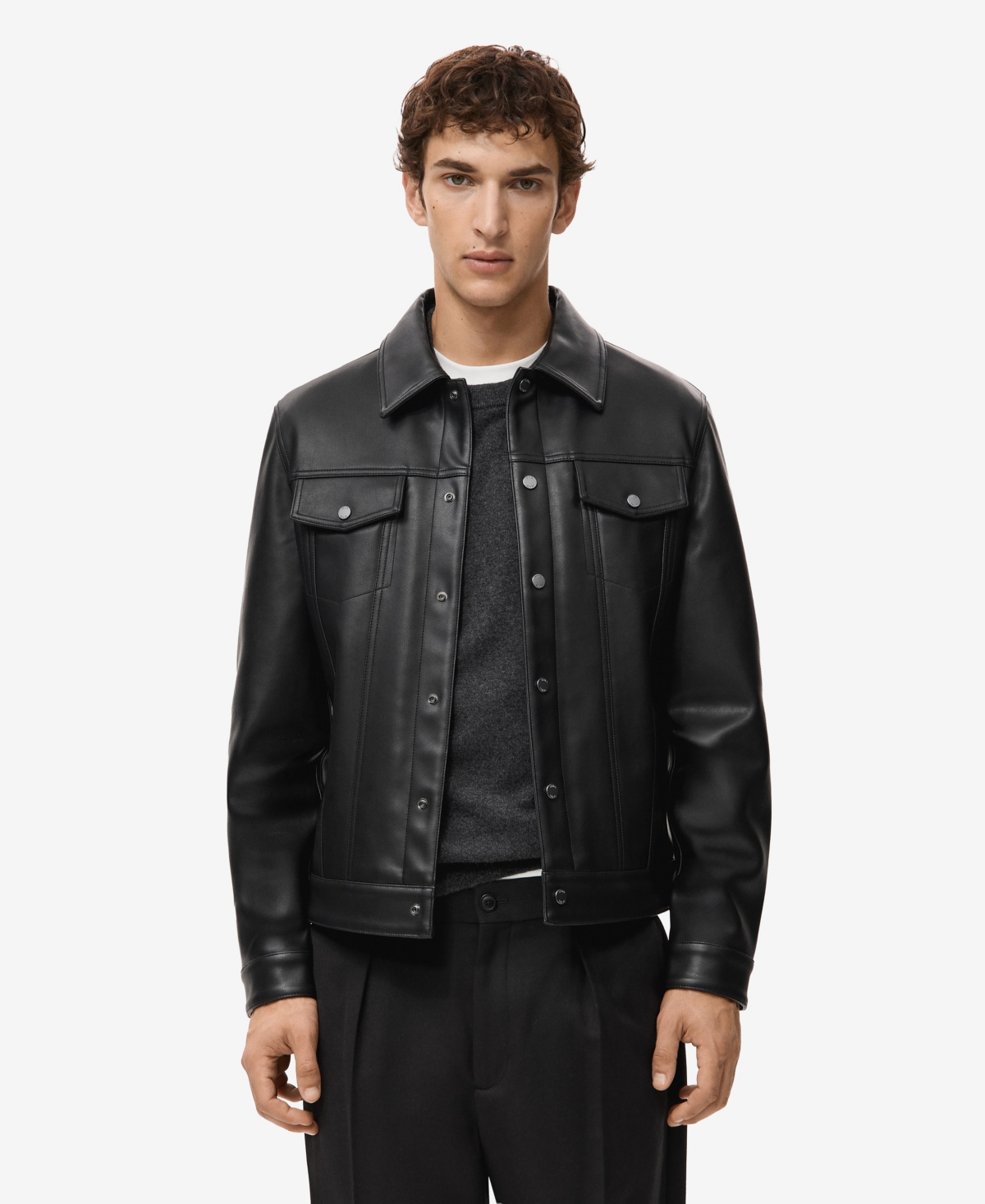 Click here for Mango Mens Pockets Faux-Leather Jacket - Black prices