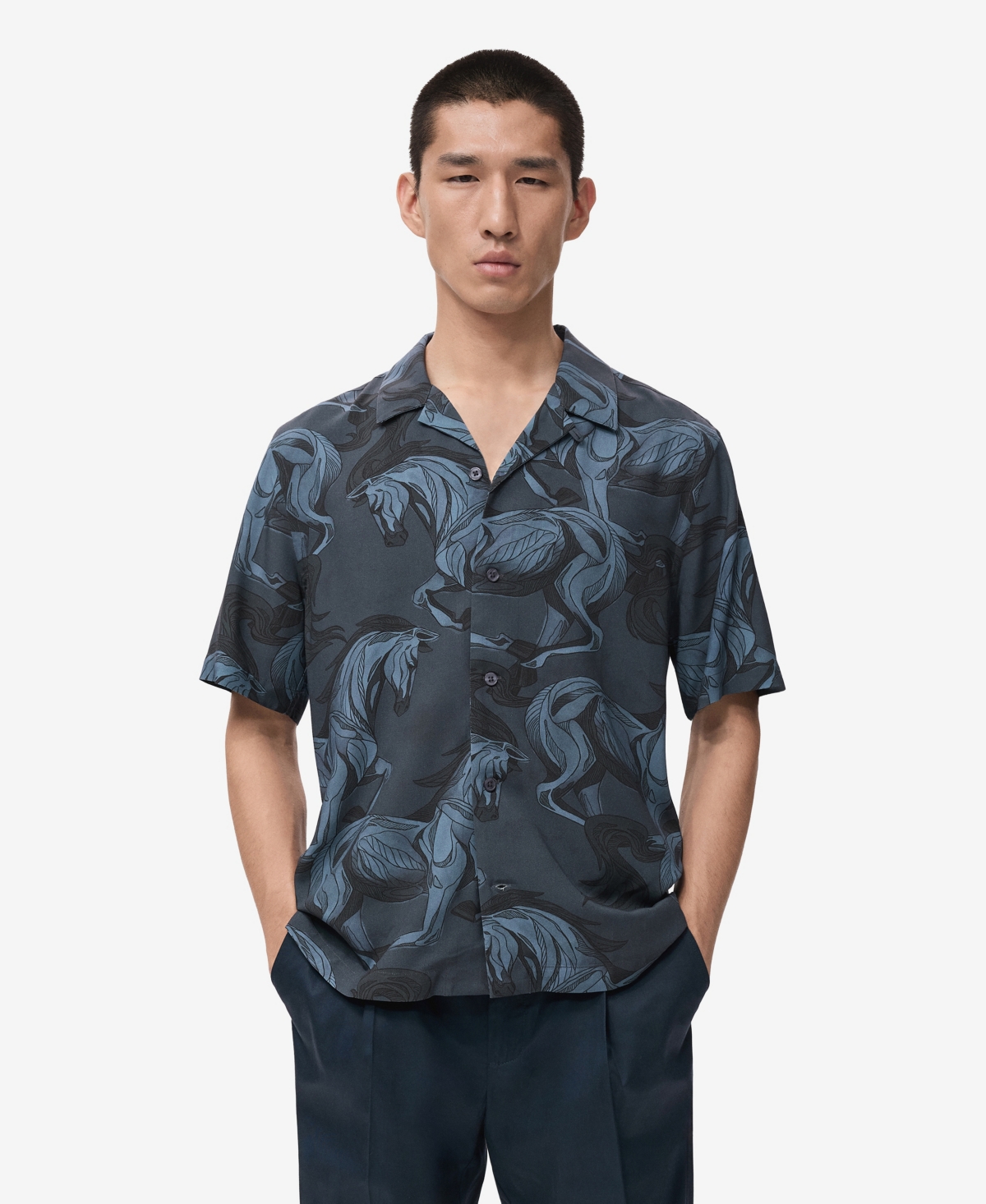 Click here for Mango Mens Flowy Printed Shirt - Indigo Blue prices