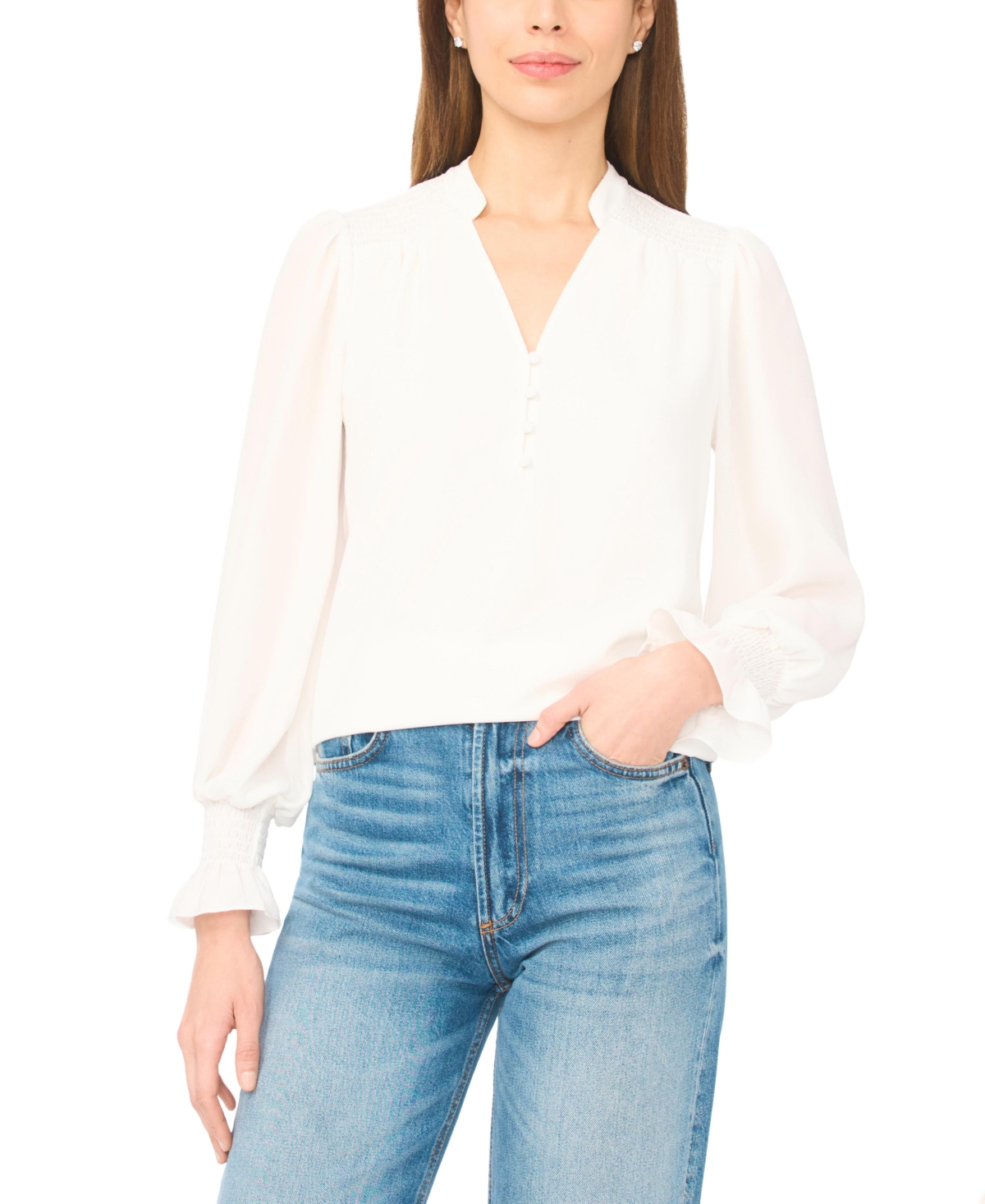 Click here for CeCe Womens Long-Sleeve V-Neck Smocked Top - New I... prices