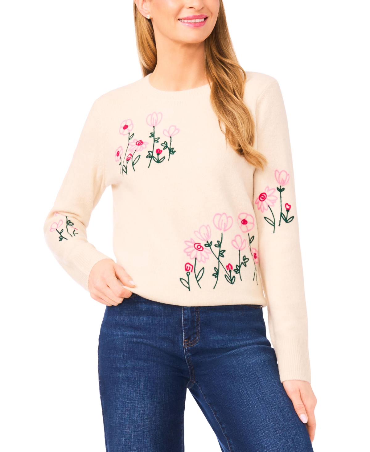 Click here for CeCe Womens Floral Embroidery Detail Crewneck Swea... prices