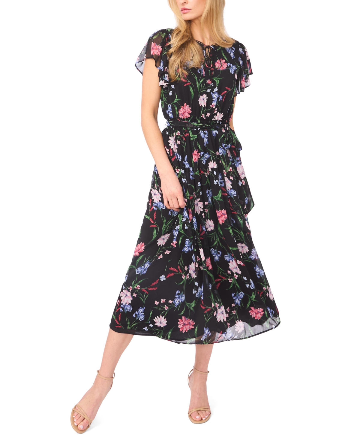 Click here for CeCe Womens Ruffle Detail Tie Neck Midi Dress - Ri... prices