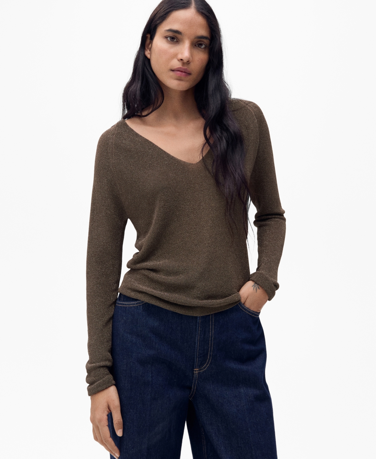 Click here for Mango Womens V-Neck Lurex Sweater - Chocolate prices