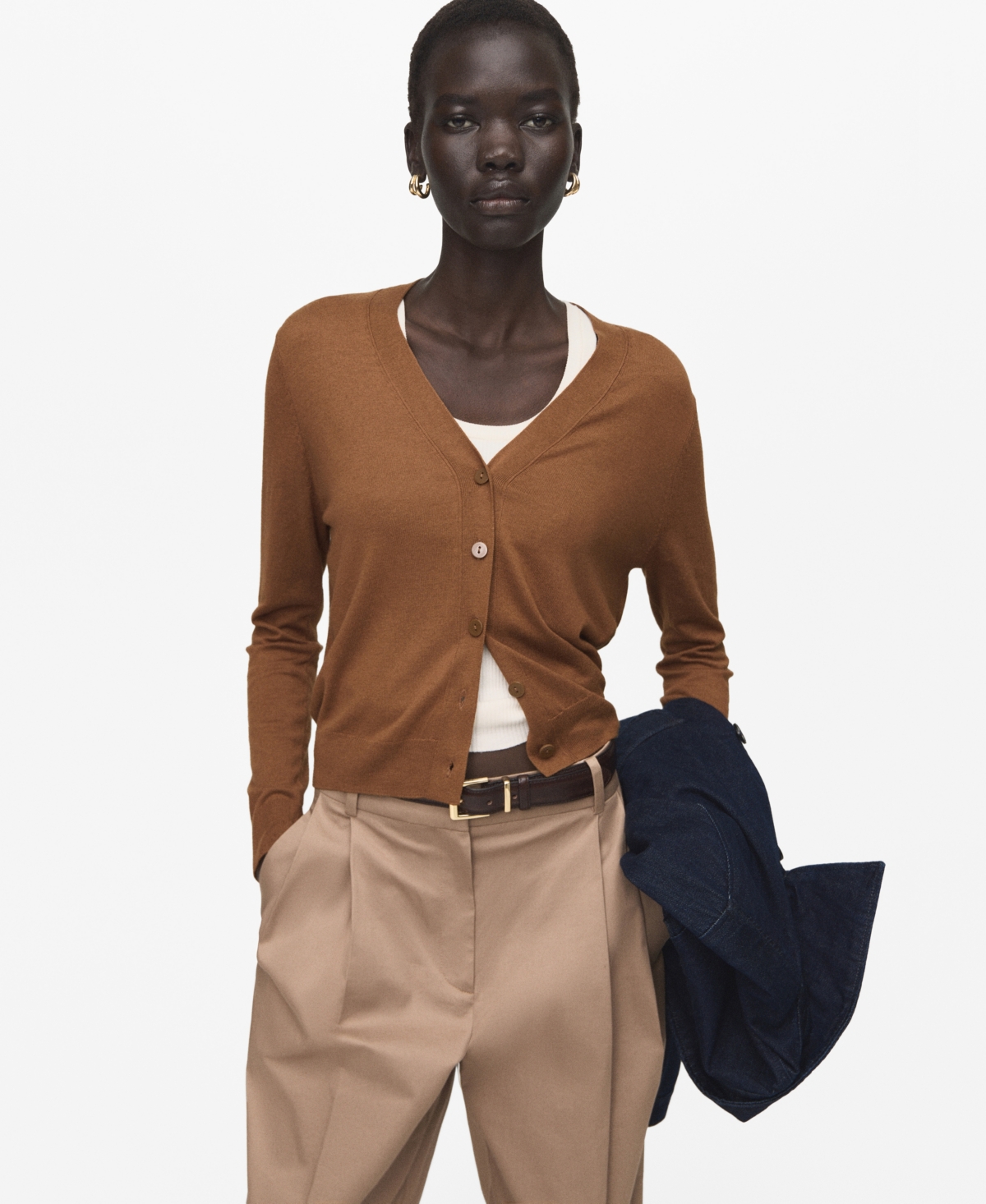 Click here for Mango Womens V-Neck Knitted Cardigan Sweater - Bro... prices