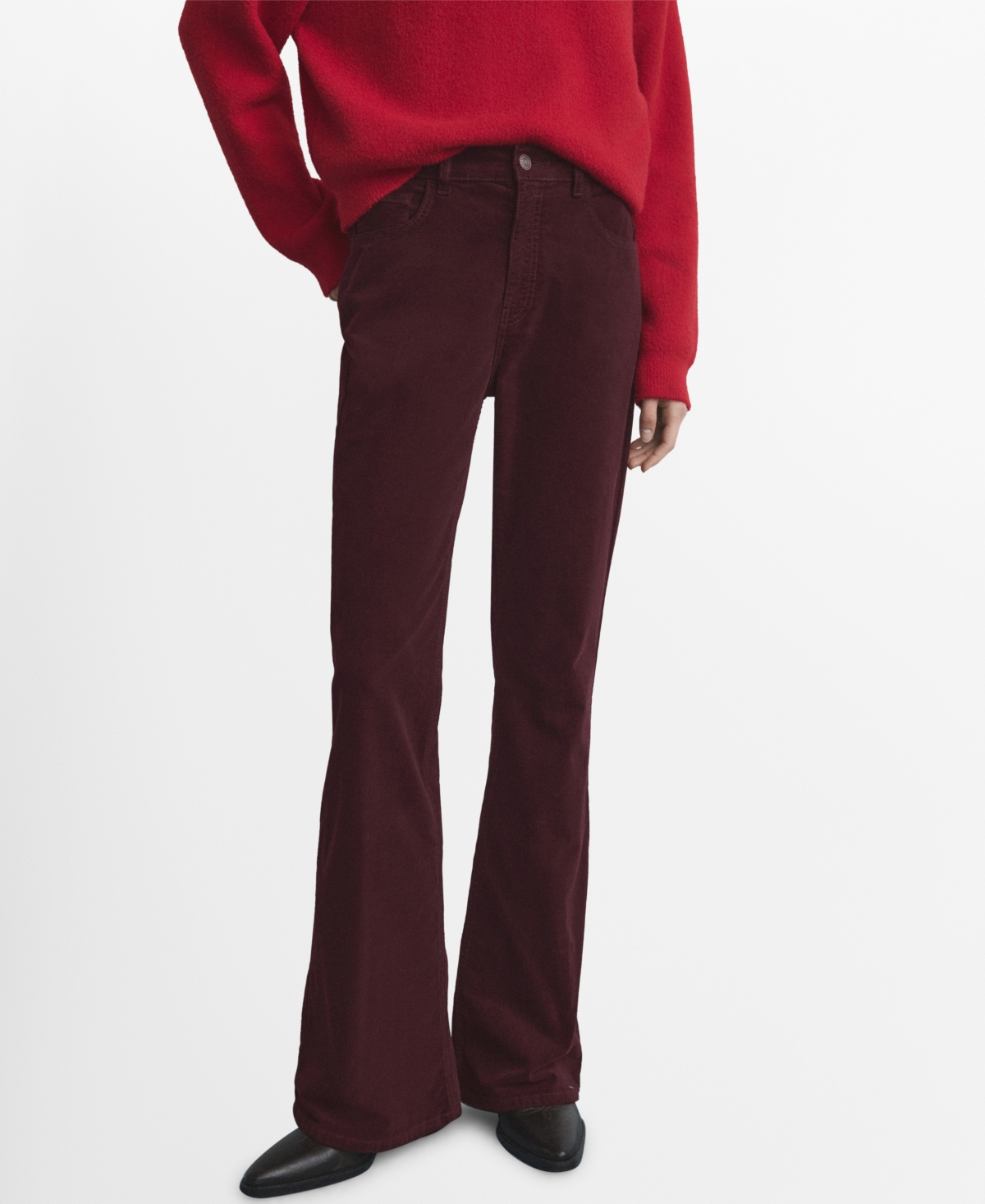 Click here for Mango Womens Velvet Flared Jeans - Wine prices