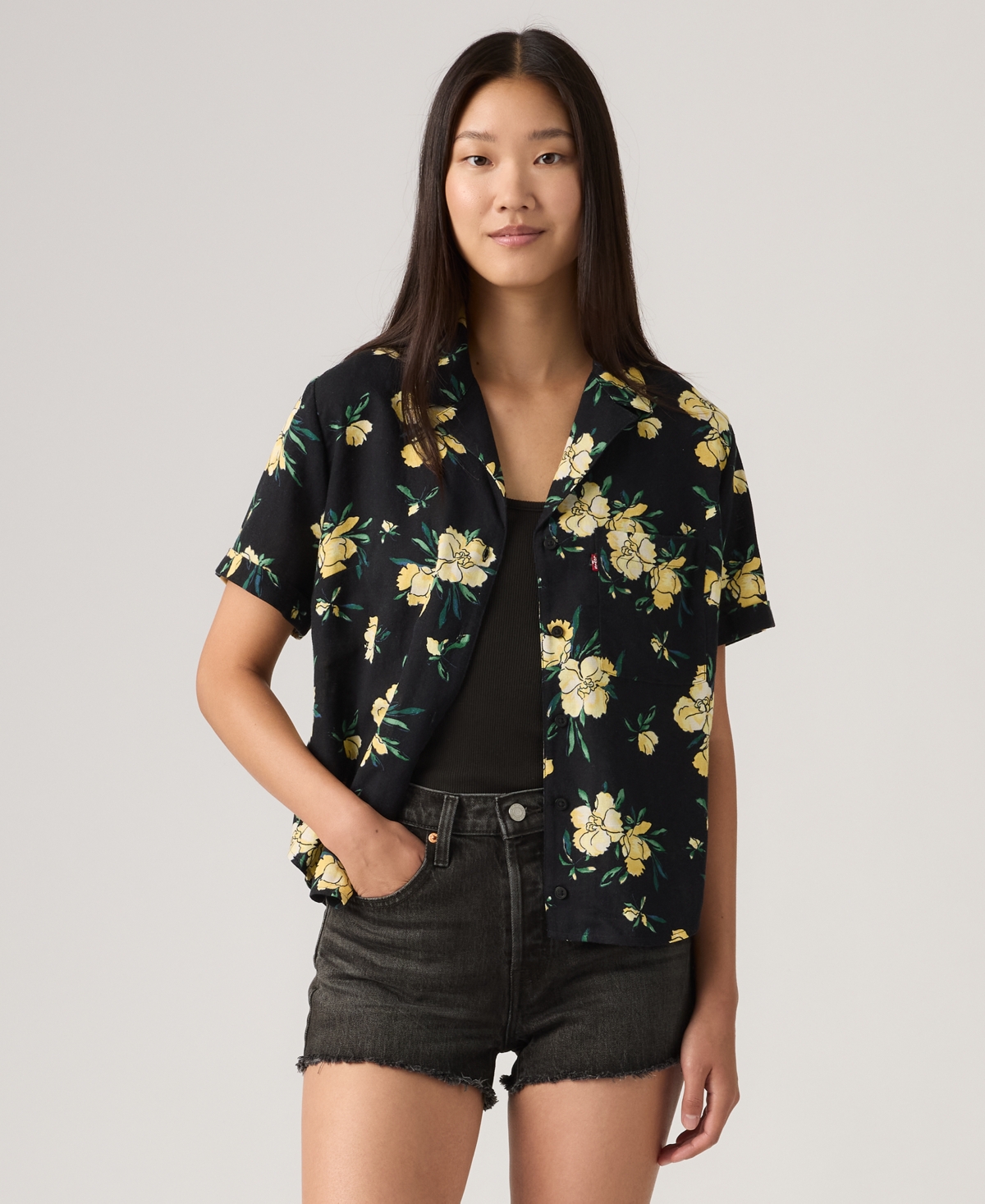 Click here for Levis Womens Printed Short-Sleeve Camp Shirt - Bla... prices