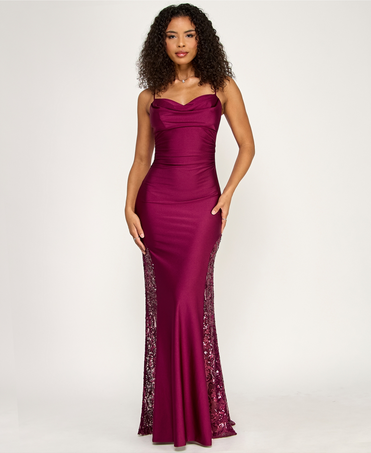 Click here for Katia Rae Juniors Cowl Neck Gown - Wine prices